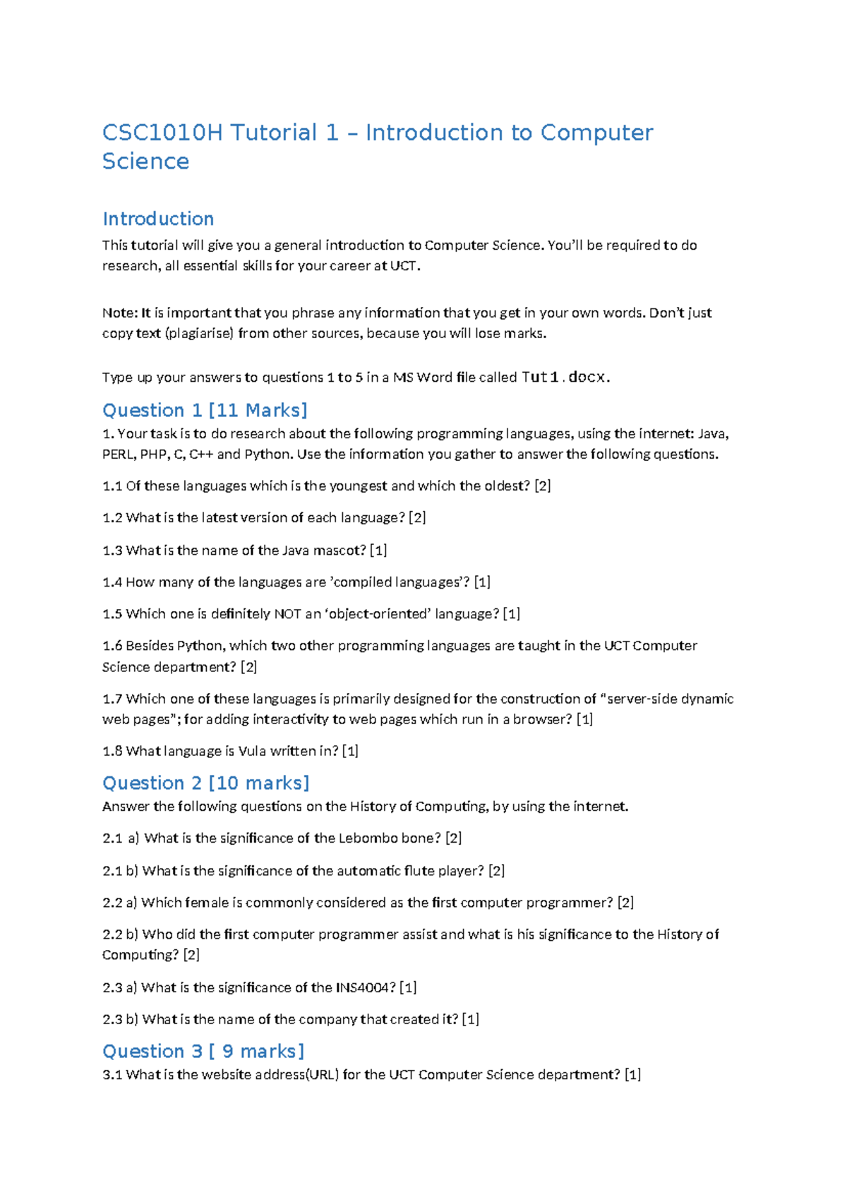 Assignment 1 - CSC1010H Tutorial 1 – Introduction to Computer Science Introduction This tutorial ...
