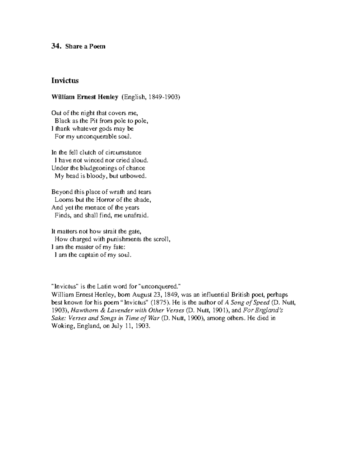 34. Analysis of "Invictus" by William Ernest Henley - Studocu