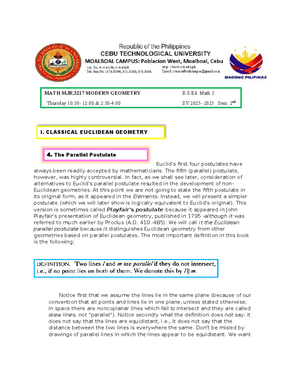 MATH MJR.3217 MODERN GEOMETRY: The Parallel Postulate Explained - Studocu