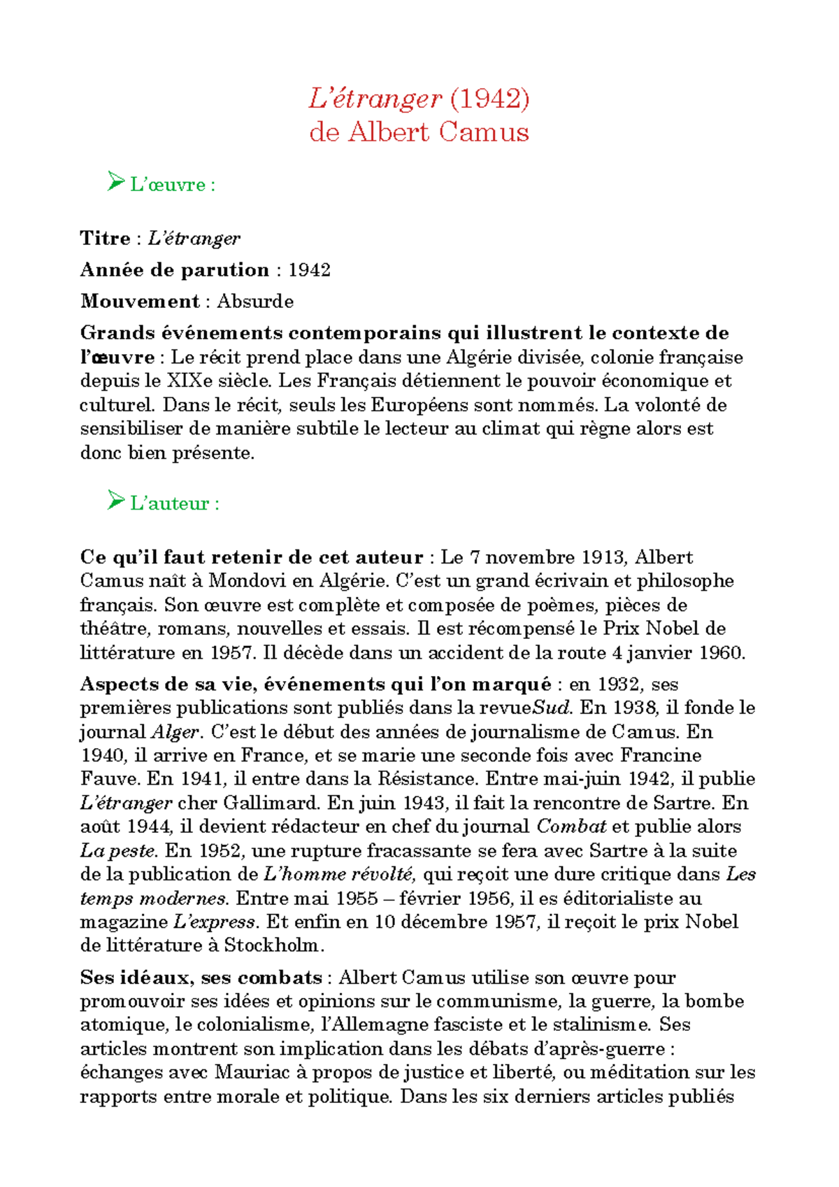 Fiche de L'étranger - L’étranger (1942) de Albert Camus L’œuvre : Titre : L’étranger Année de ...