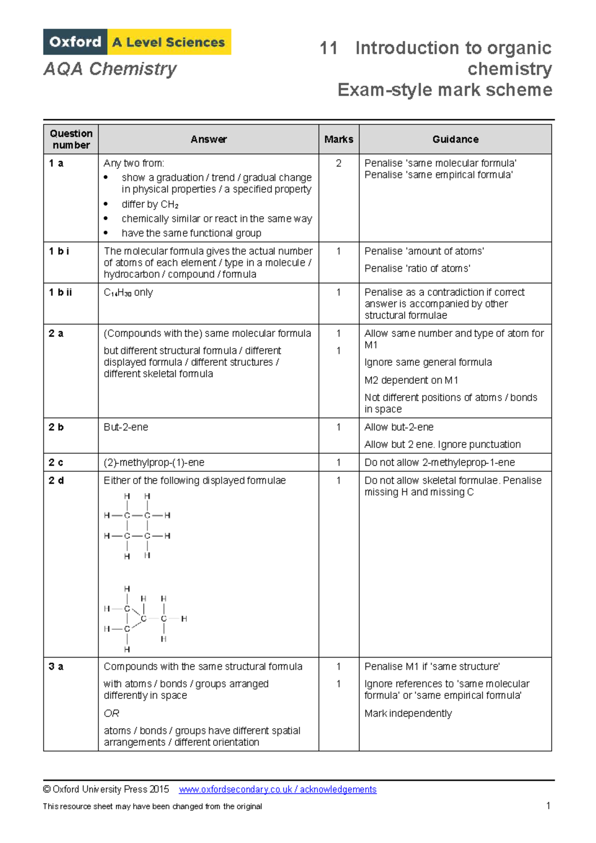 AQA Chemistry 11: Introduction to Organic Chemistry Mark Scheme - Studocu