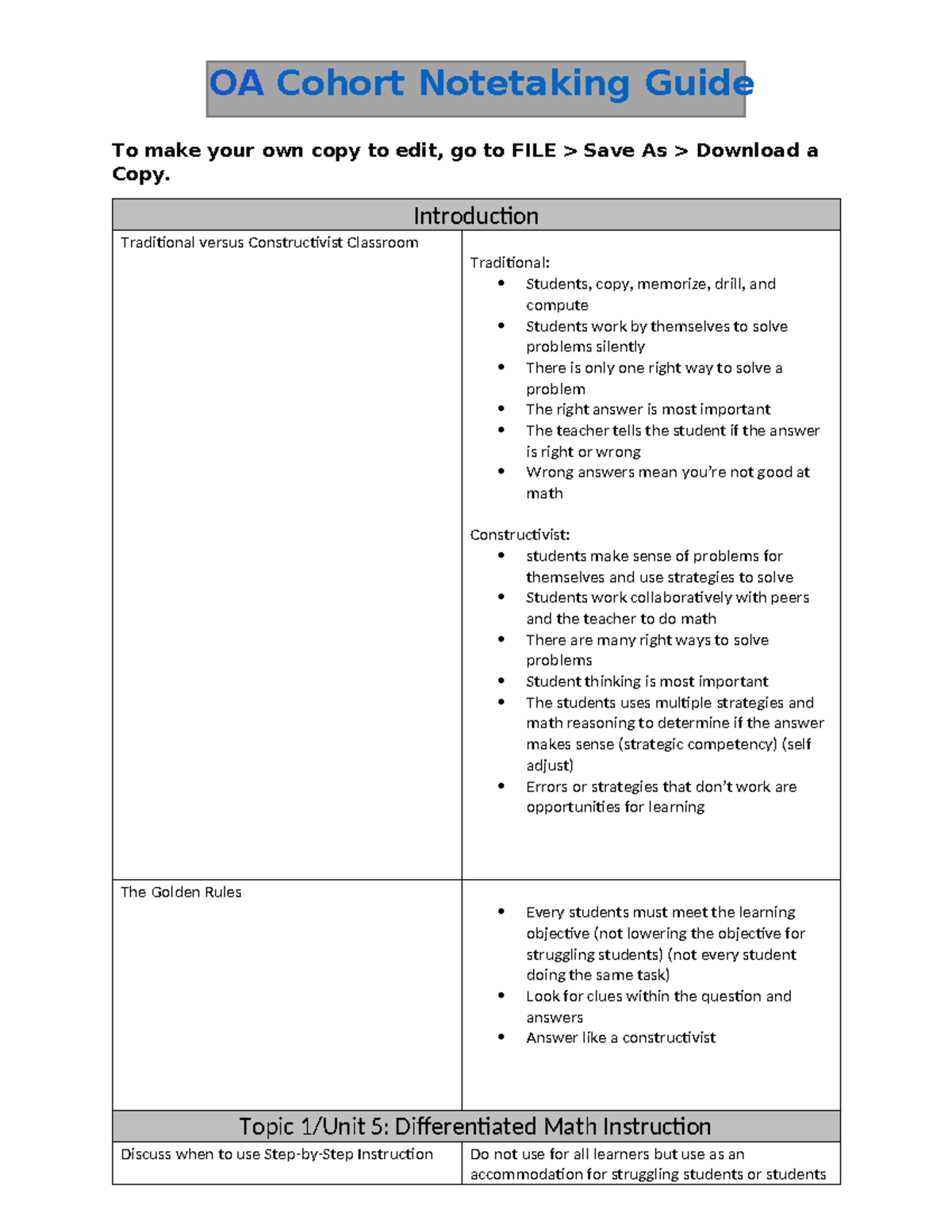 Math Methods Cohort Note Taking Guide - OA Cohort Notetaking Guide To ...