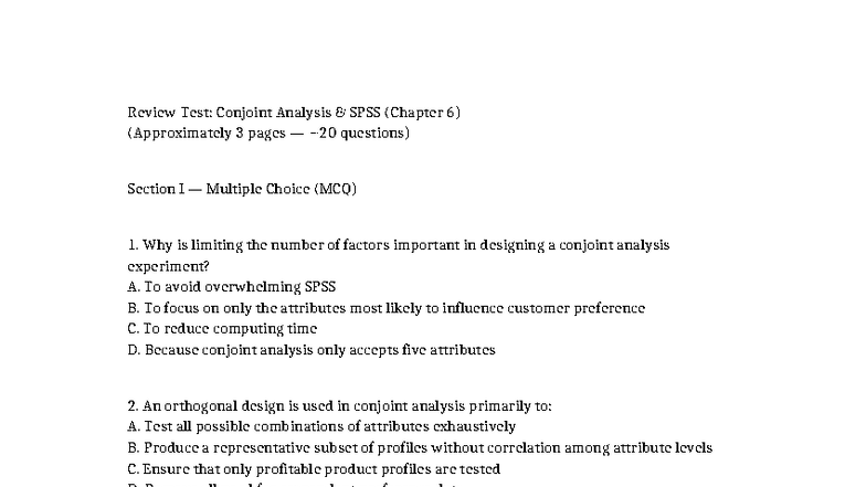 Conjoint Analysis Review Test: SPSS Insights (Chapter 6) - Studocu