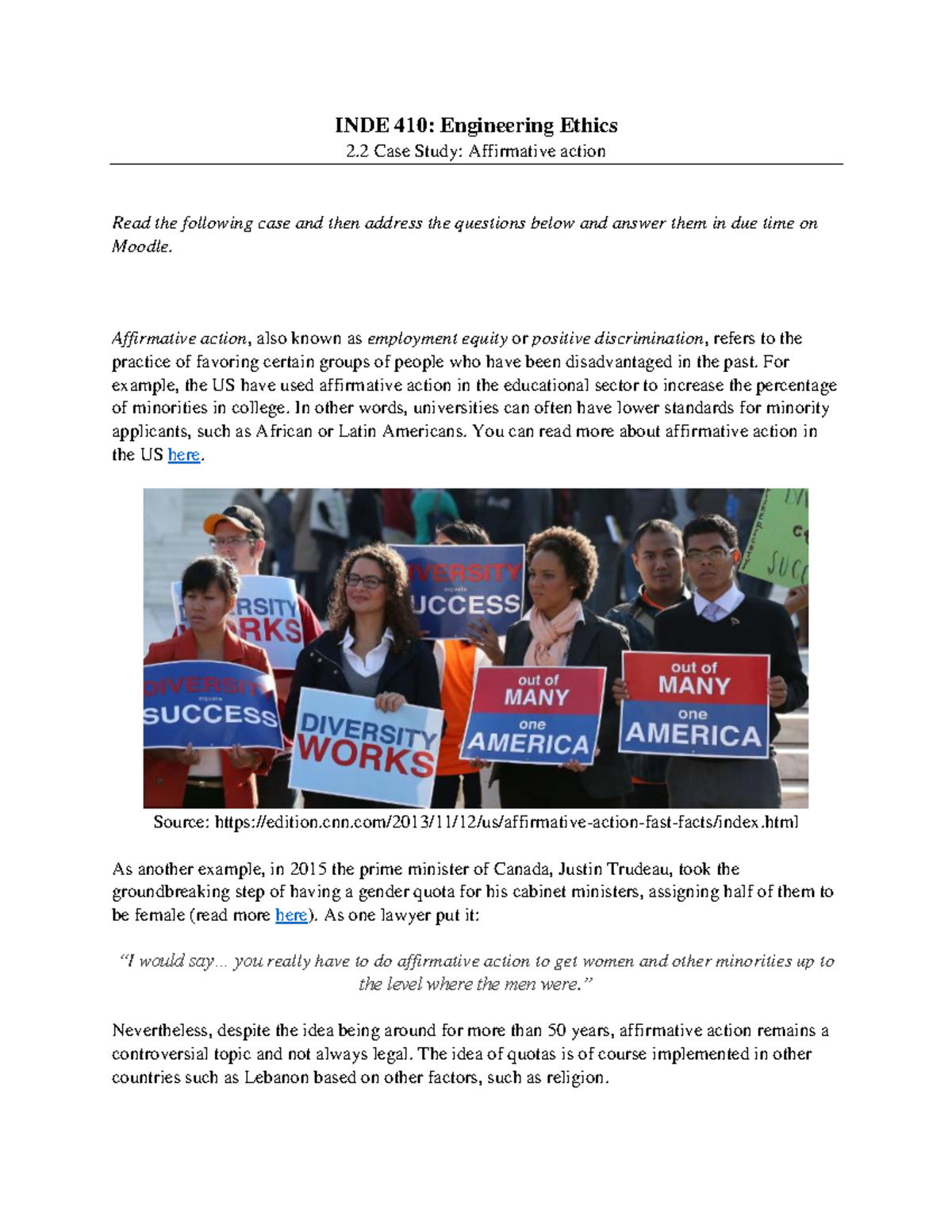 INDE 410: Engineering Ethics 2.2 Case Study on Affirmative Action - Studocu