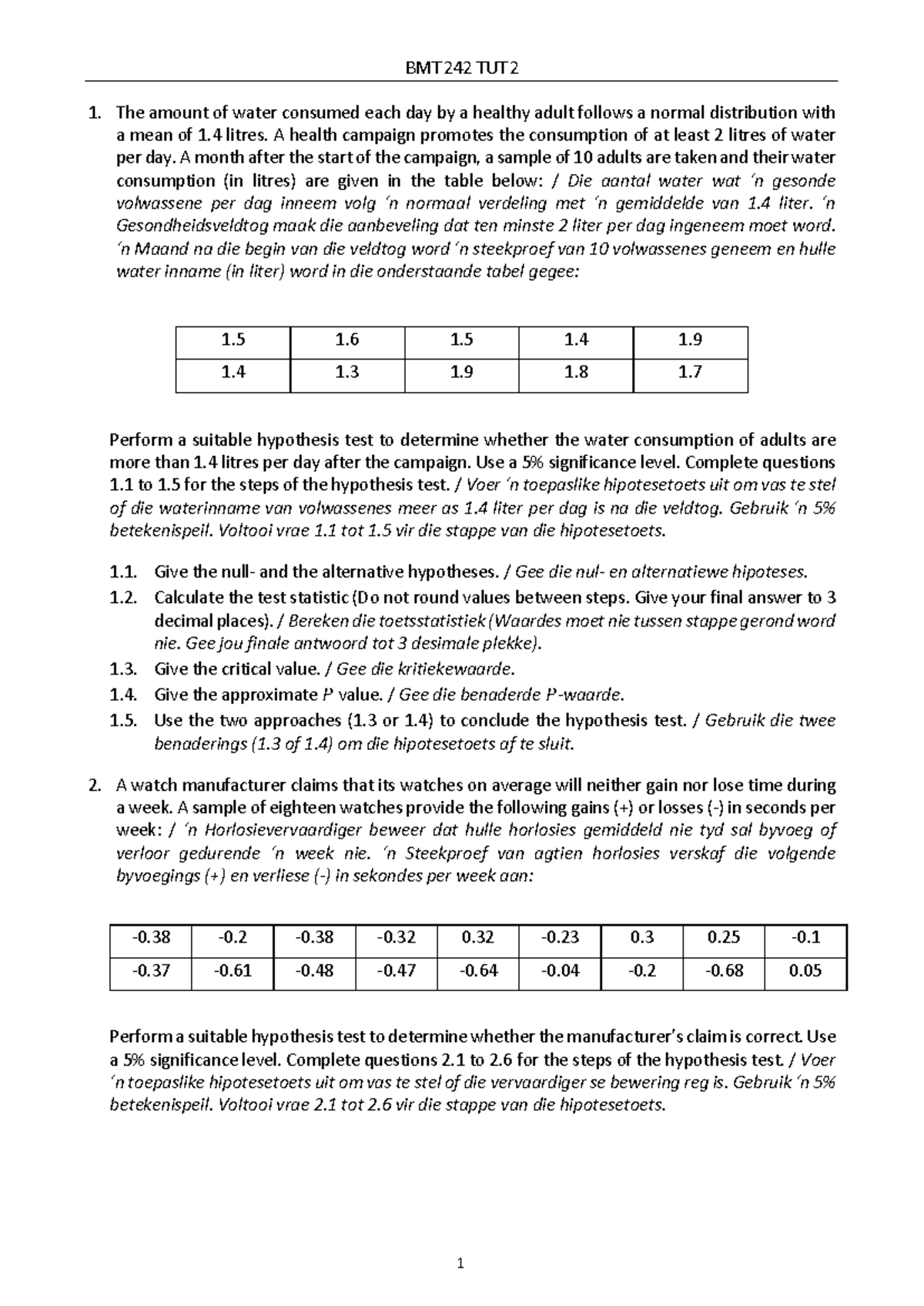 BMT 242 TUT 2 - Hypothesis Testing and Confidence Intervals - Studocu