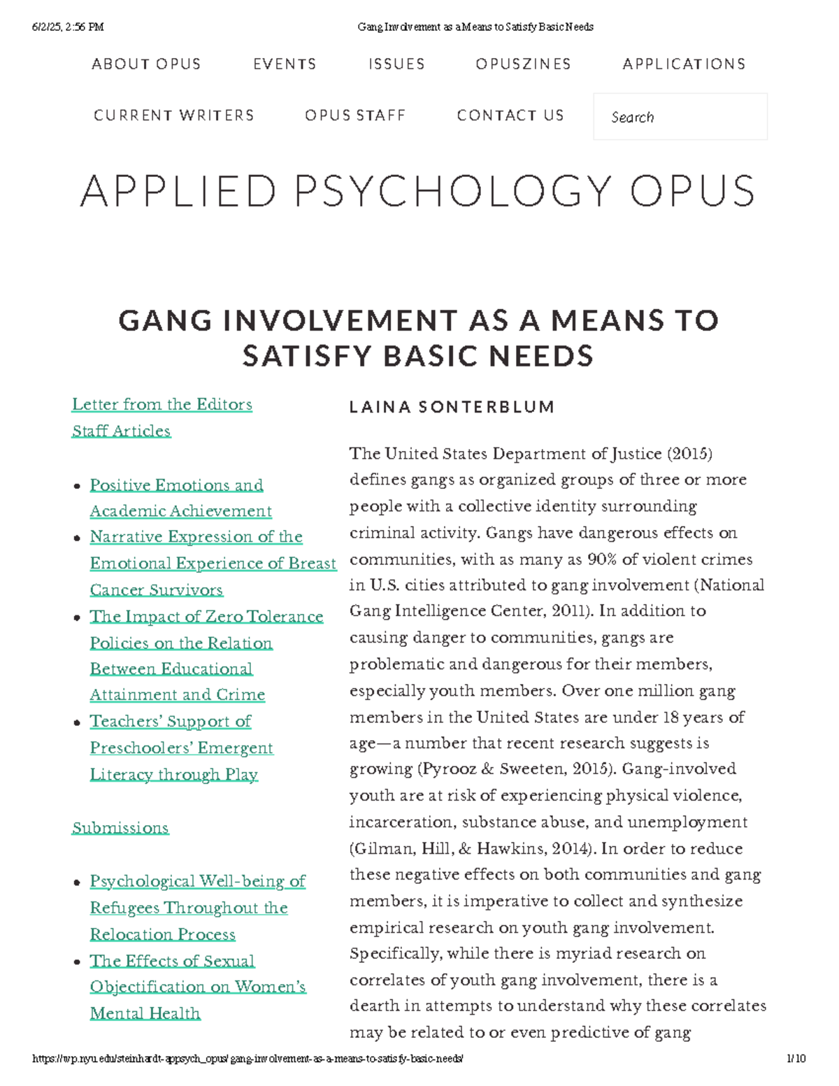 Gang Involvement and Basic Needs Fulfillment: A Psychological ...