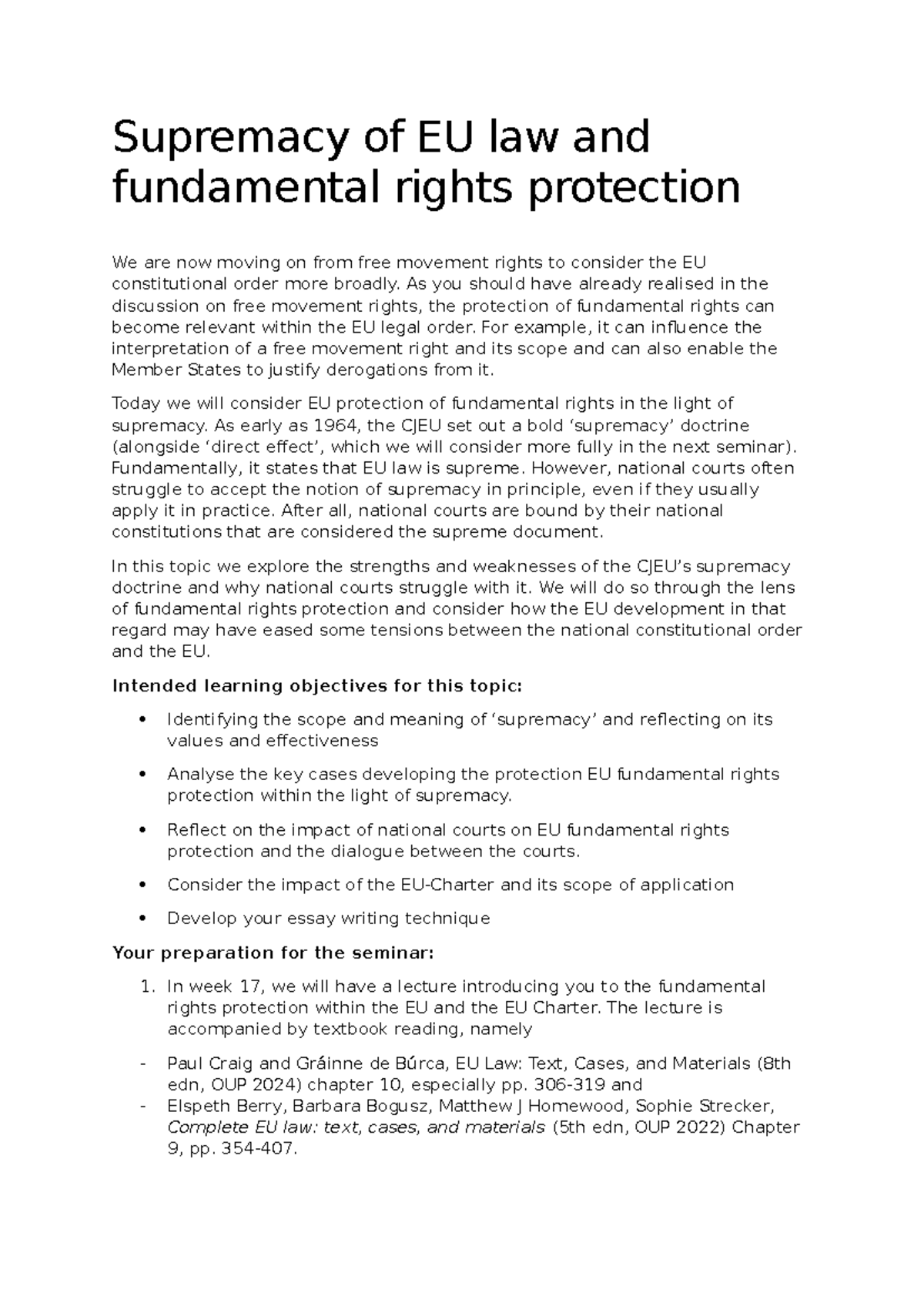 Topic 3 Supremacy and Human Rights - Supremacy of EU law and ...