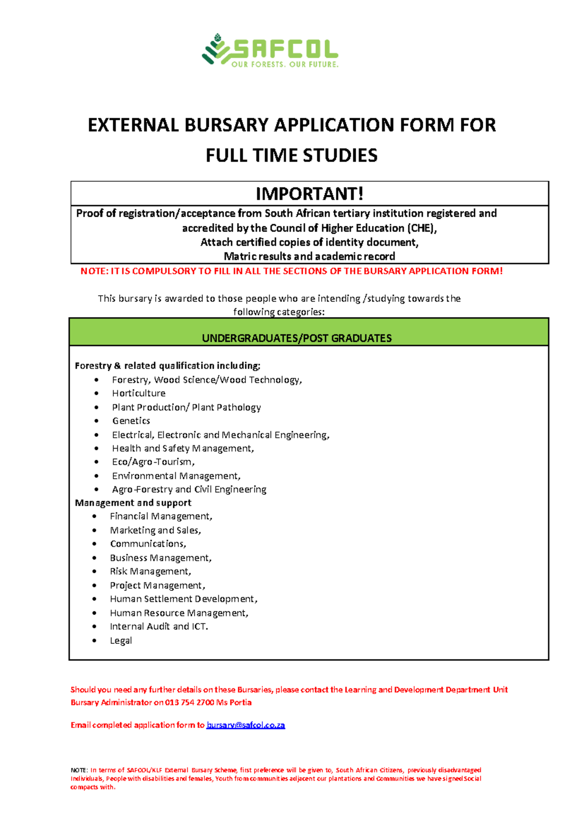 SAFCOL EXTERNAL BURSARY APPLICATION FORM FOR FULL-TIME STUDIES - Studocu