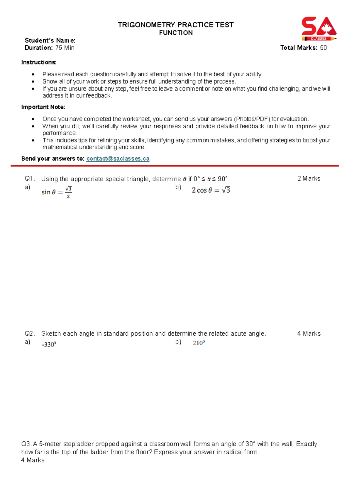 TRIG 11: Practice Test on Functions and Trigonometric Concepts - Studocu