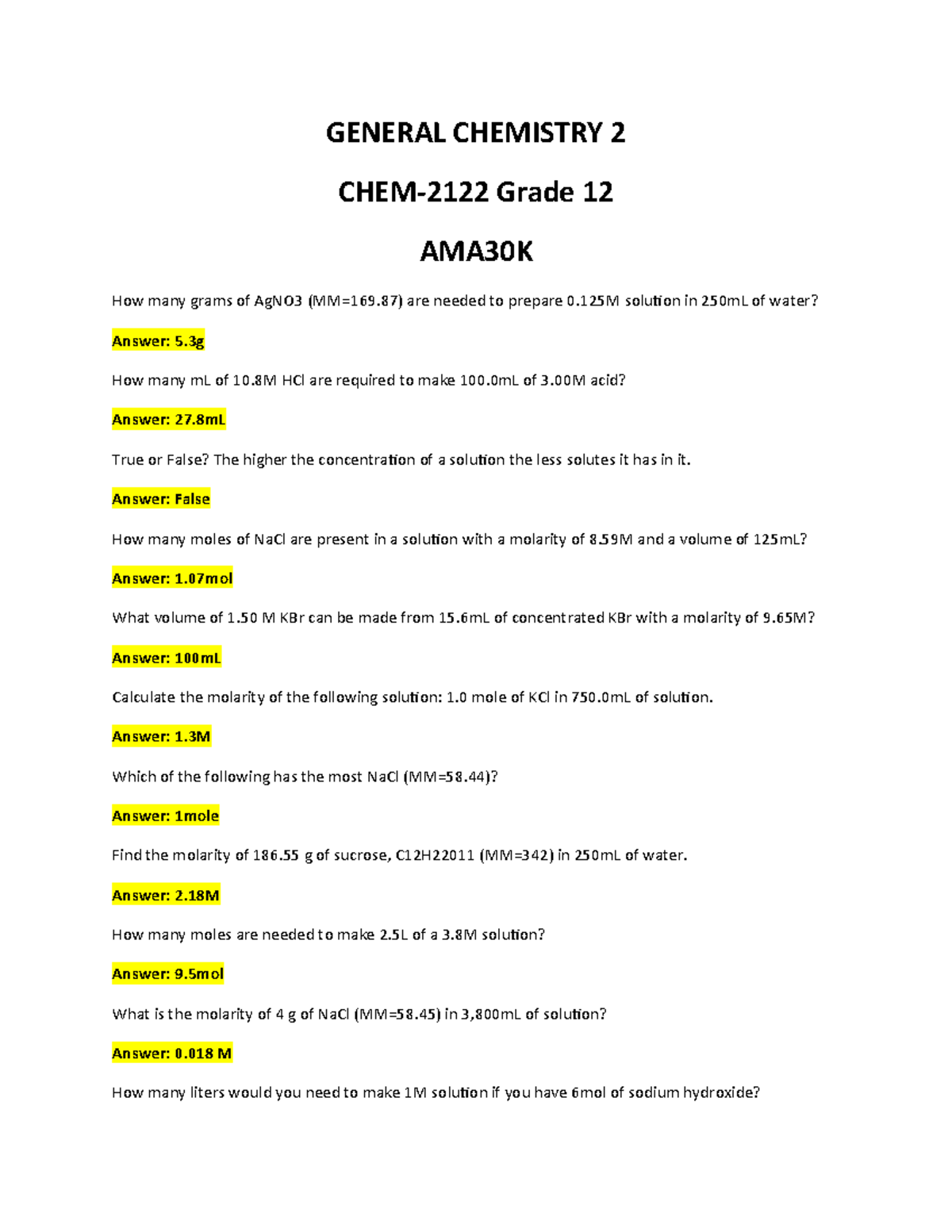 CHEM-2122 General Chemistry 2 Answer Key and Explanations - Studocu