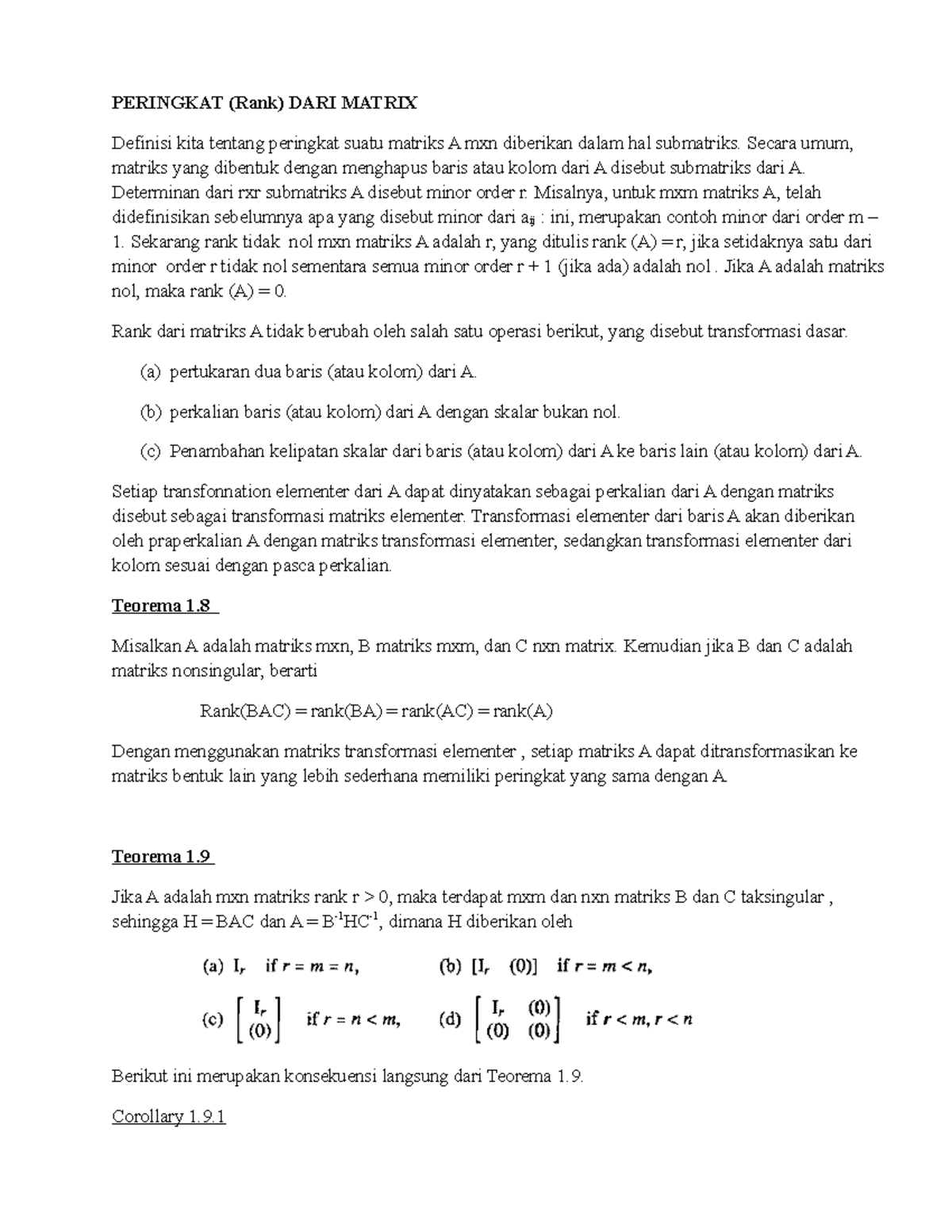 7. Peringkat Matriks dan Transformasi Elementer - Studocu