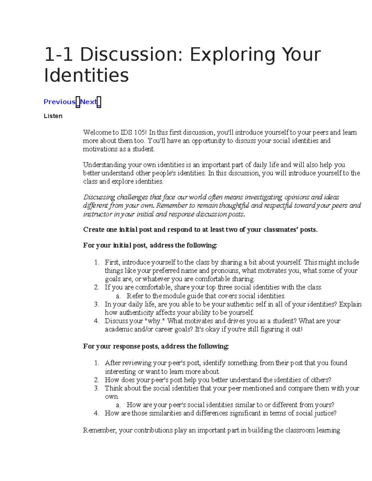 IDS 105 Week 1 Discussion: Exploring Your Social Identities - Studocu