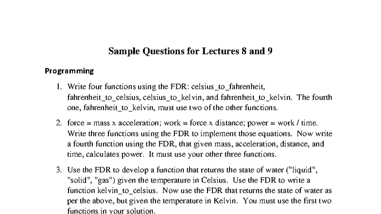 Sample Questions for Lectures 8 & 9 - Programming 1 - Studocu