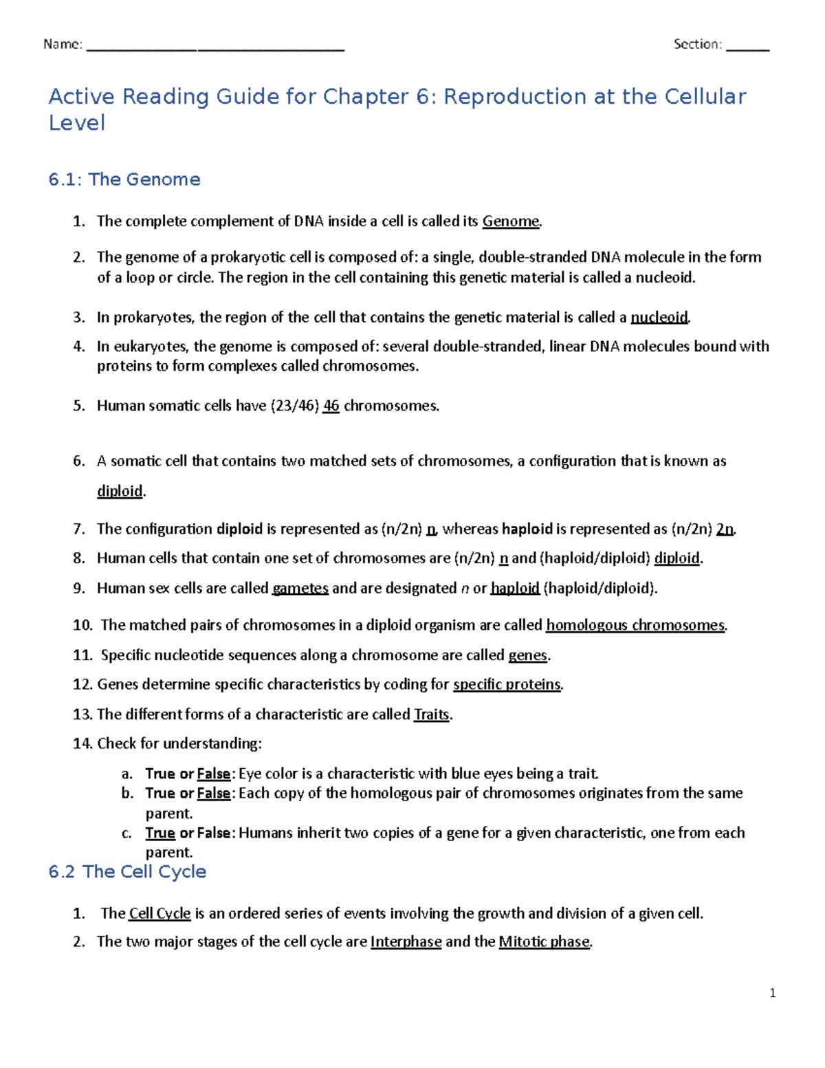 Chapter 6 Active Reading Guide: Reproduction and Cell Cycle - Studocu