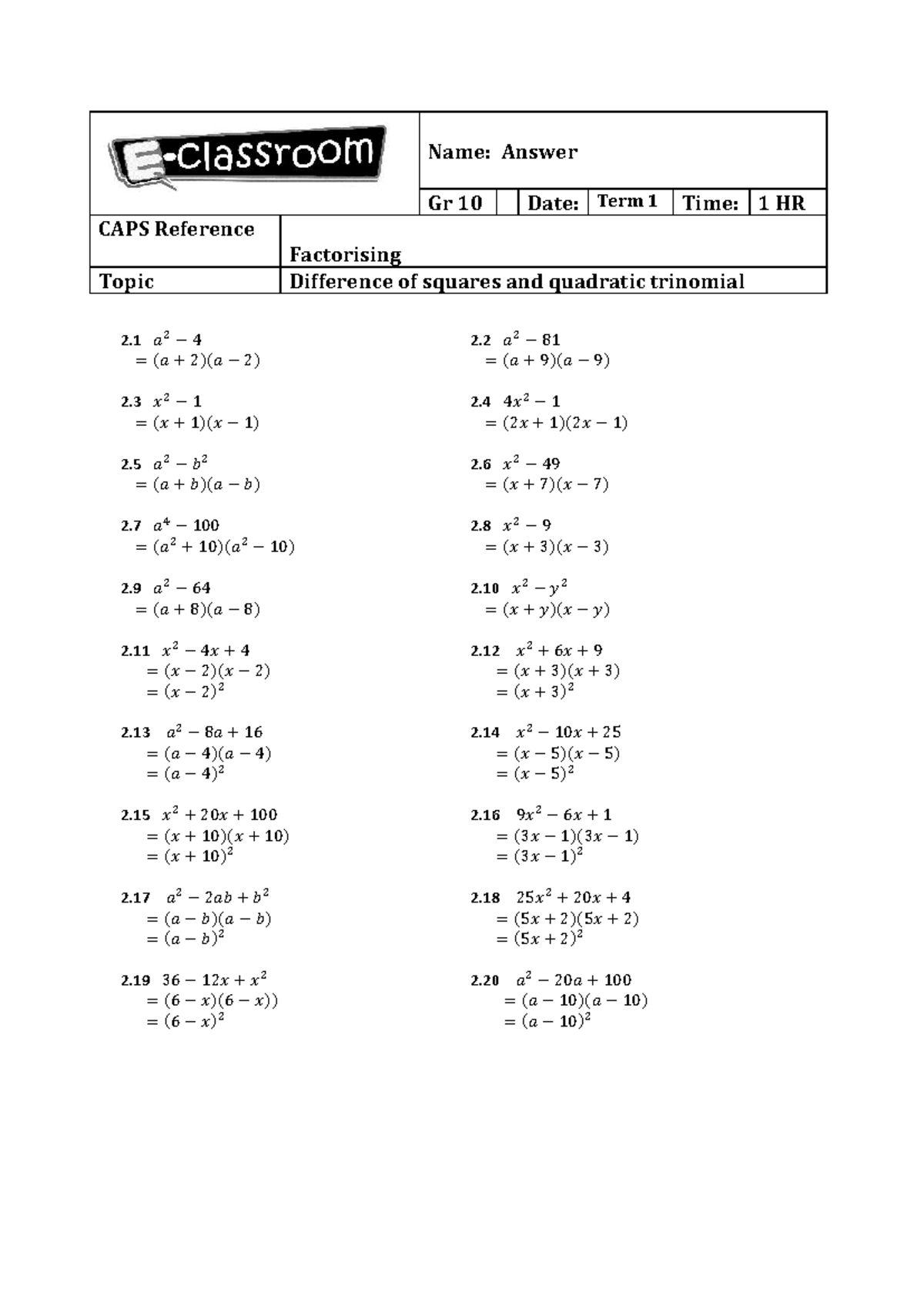 Gr10t1 factorising 1 difference in square and quadritic trinomials memo ...