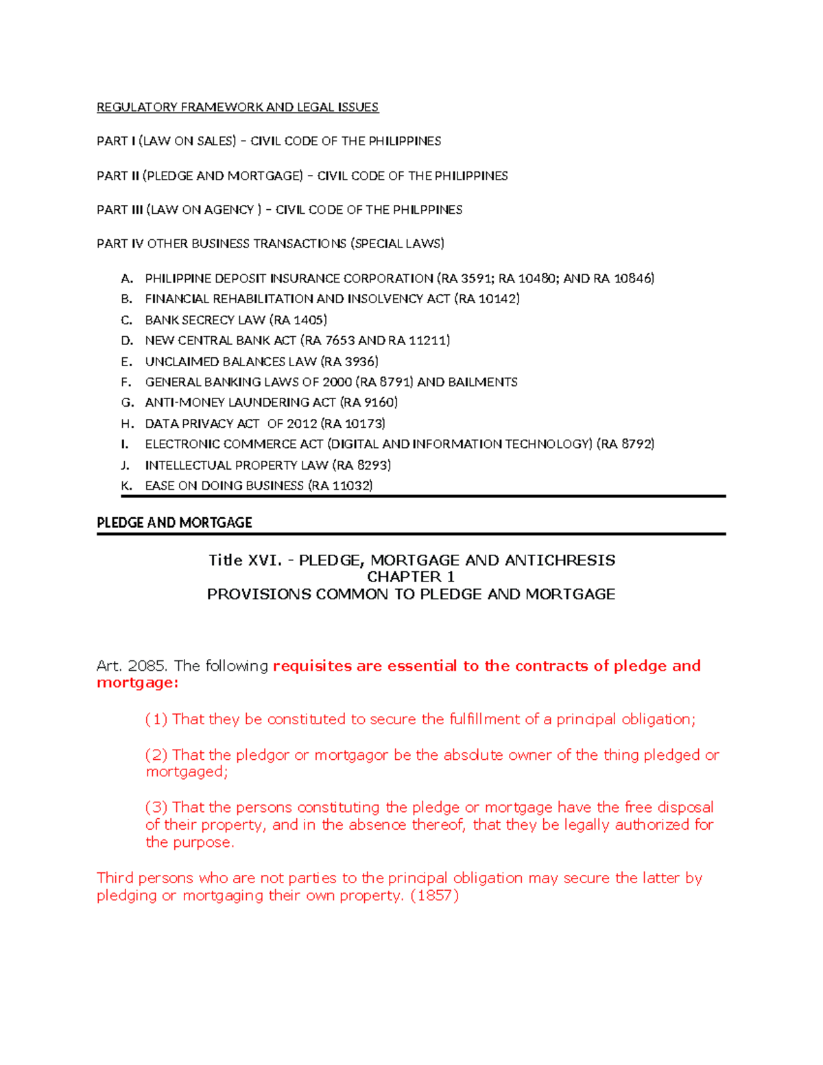 LAW ON PLEDGE AND MORTGAGE: LECTURE NOTES (CIVIL CODE PH) - Studocu