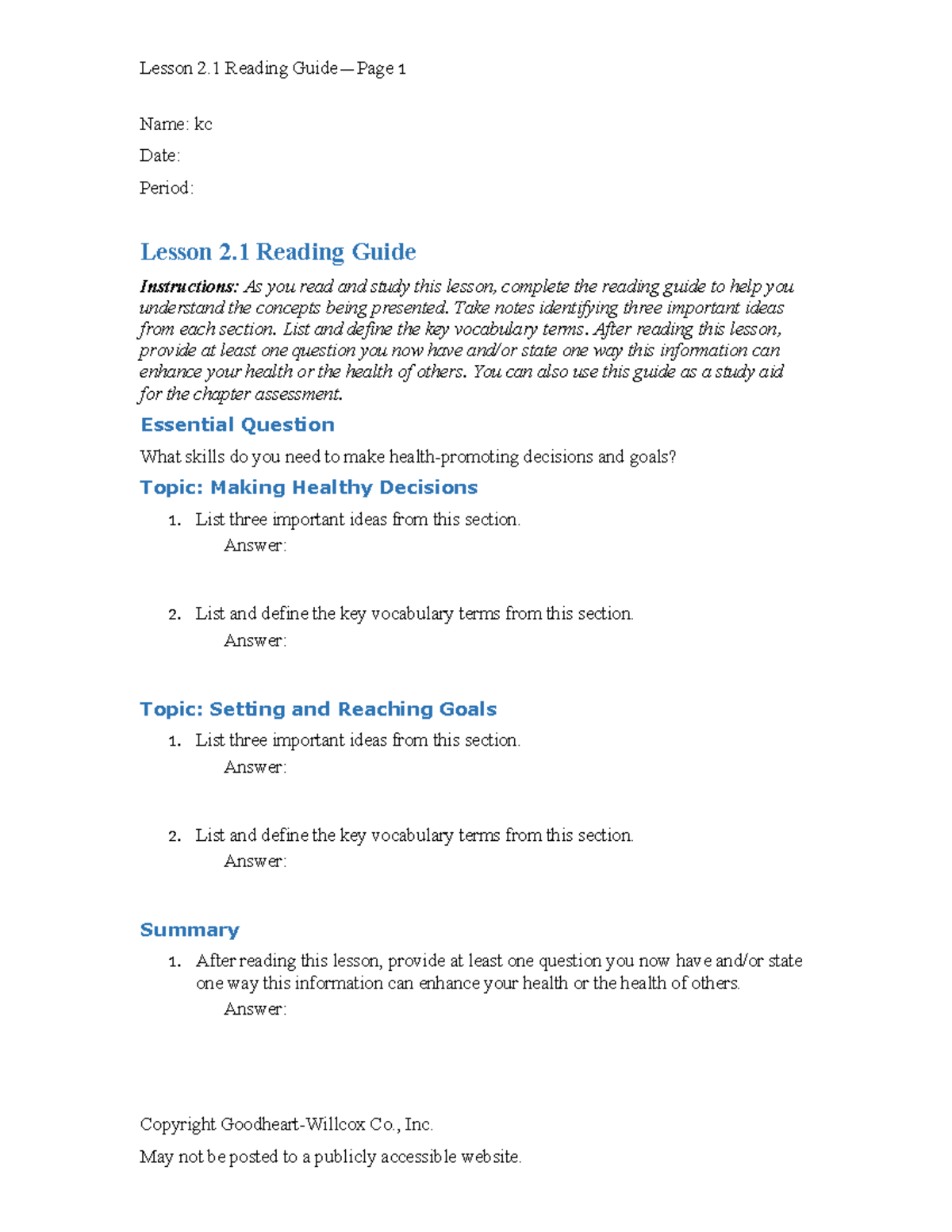 Lesson 2.1 Reading Guide: Making Healthy Decisions & Goals - Studocu
