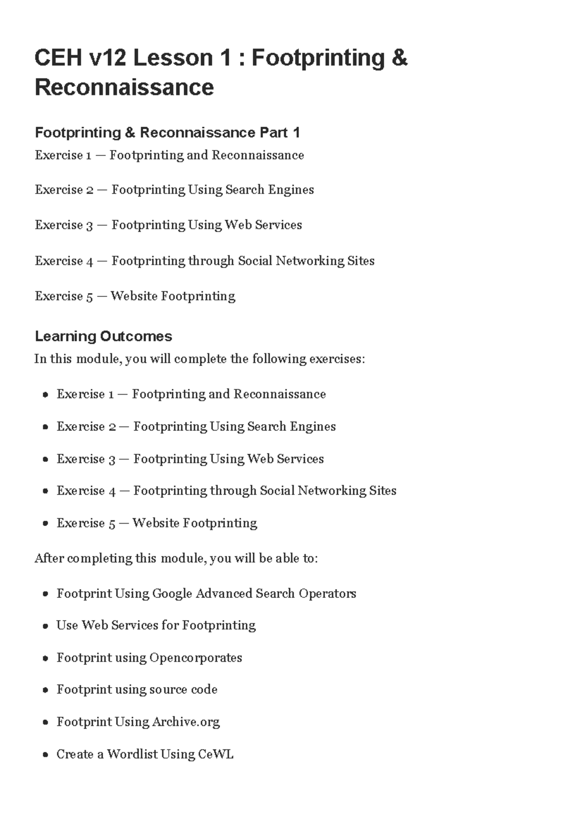 CEH v12 Lesson 1: Footprinting & Reconnaissance Exercises - Studocu