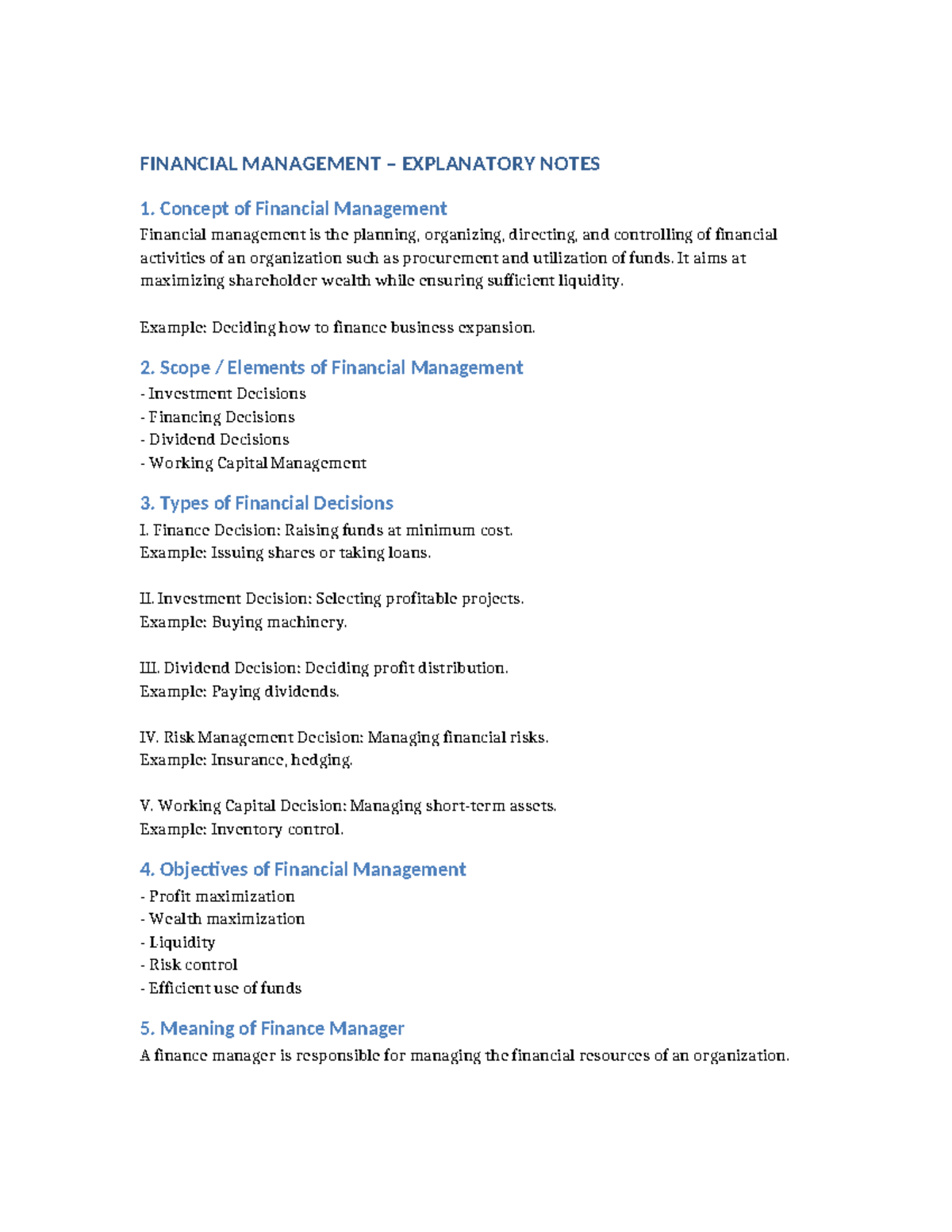 FIN 101: Financial Management Explanatory Notes and Concepts - Studocu