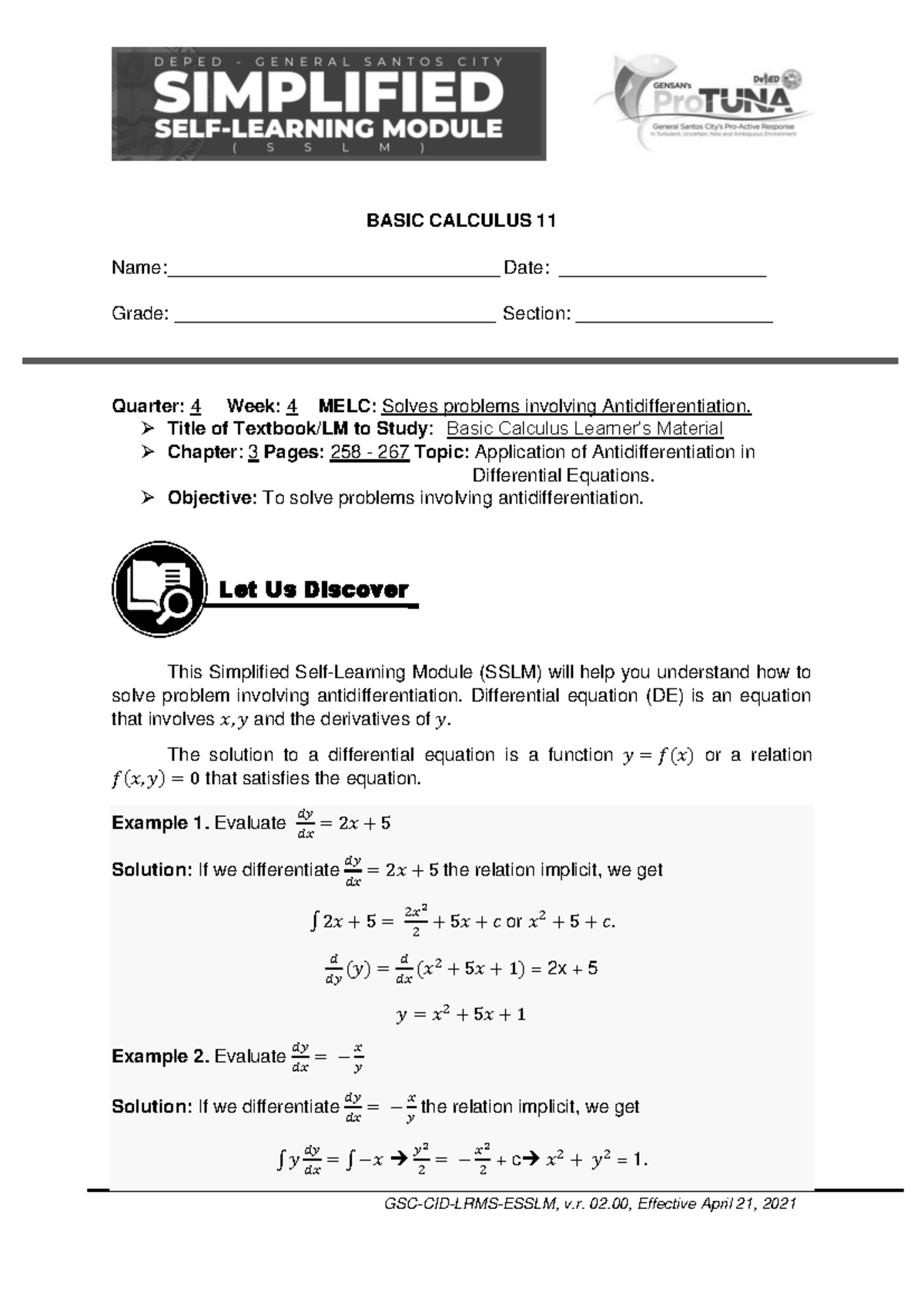 SLM on Antidifferentiation Applications in Basic Calculus (Q4 W4) - Studocu
