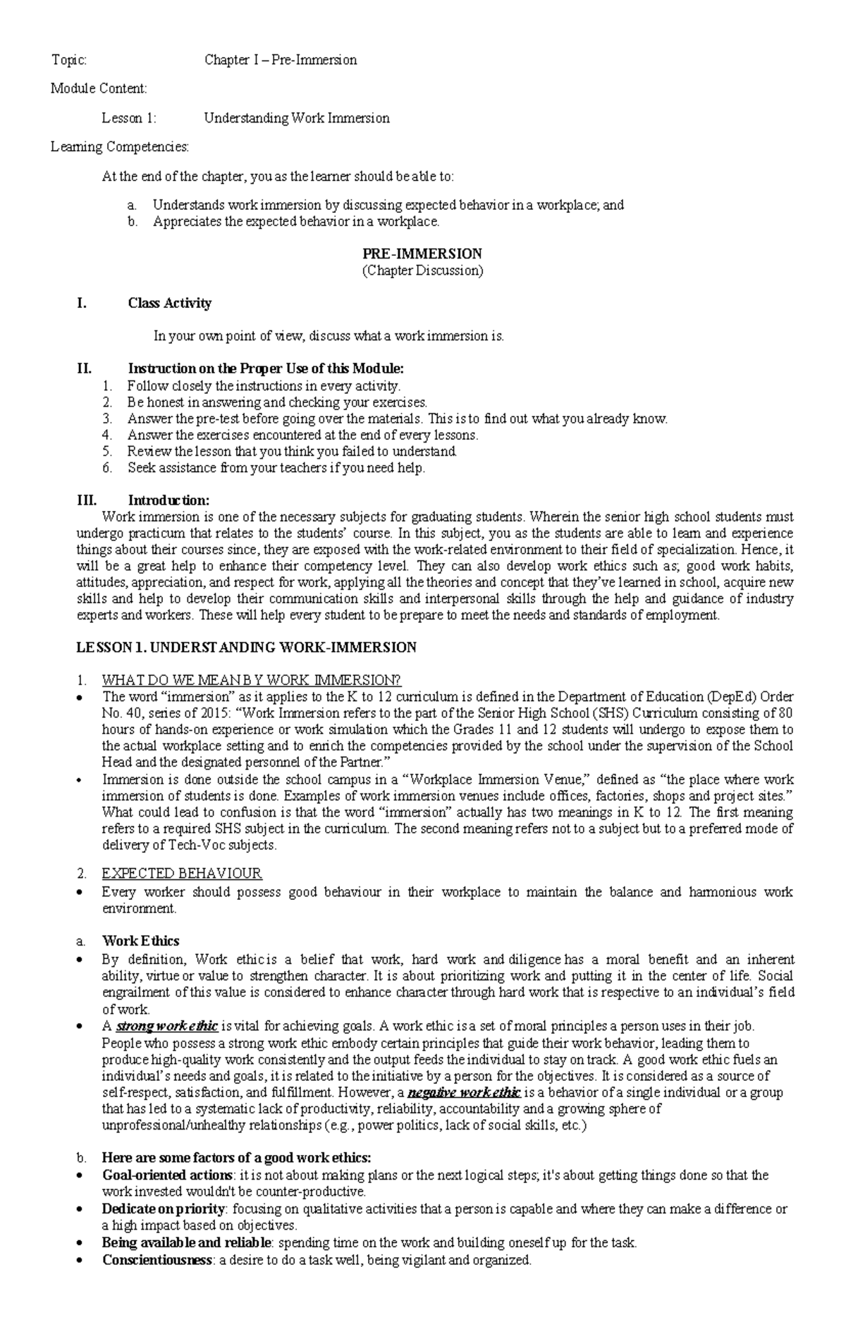 Work-immersion-module- TVL Grade 12 - Topic: Chapter I – Pre-Immersion ...
