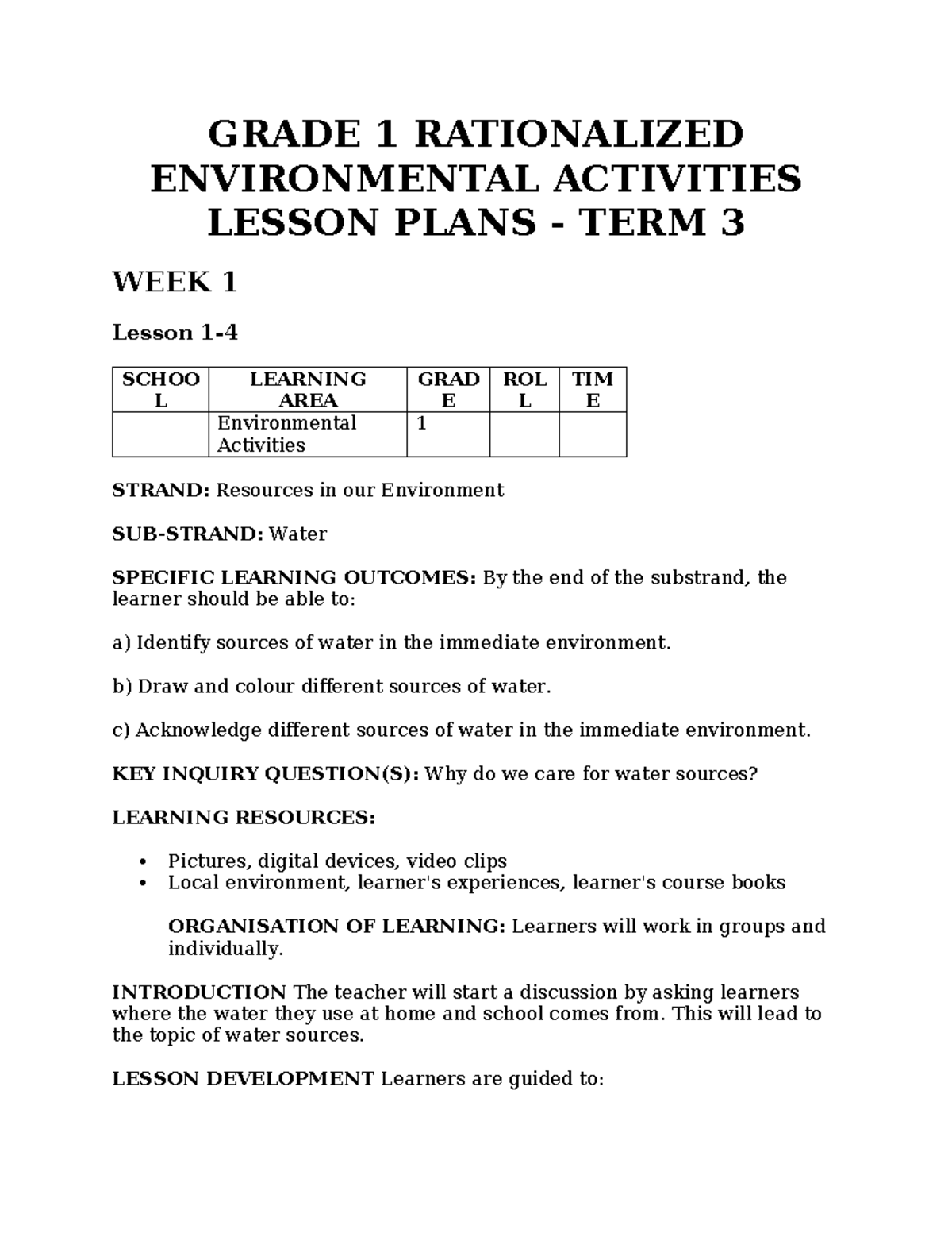 Grade 1 TERM 3 Environmental Activities Lesson Plans - Studocu