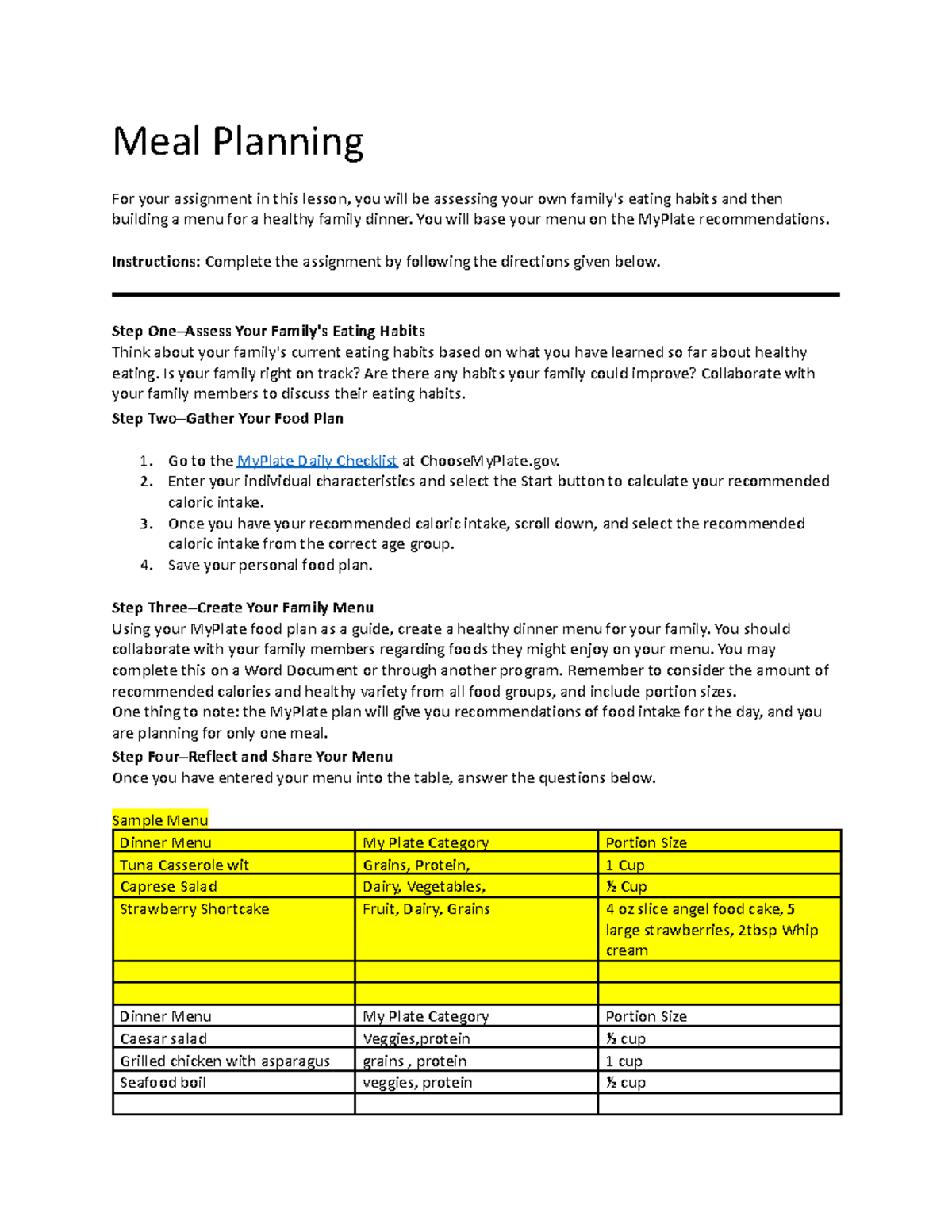 04 03 05 - Meal Planning and Family Menu Creation Guide - Studocu