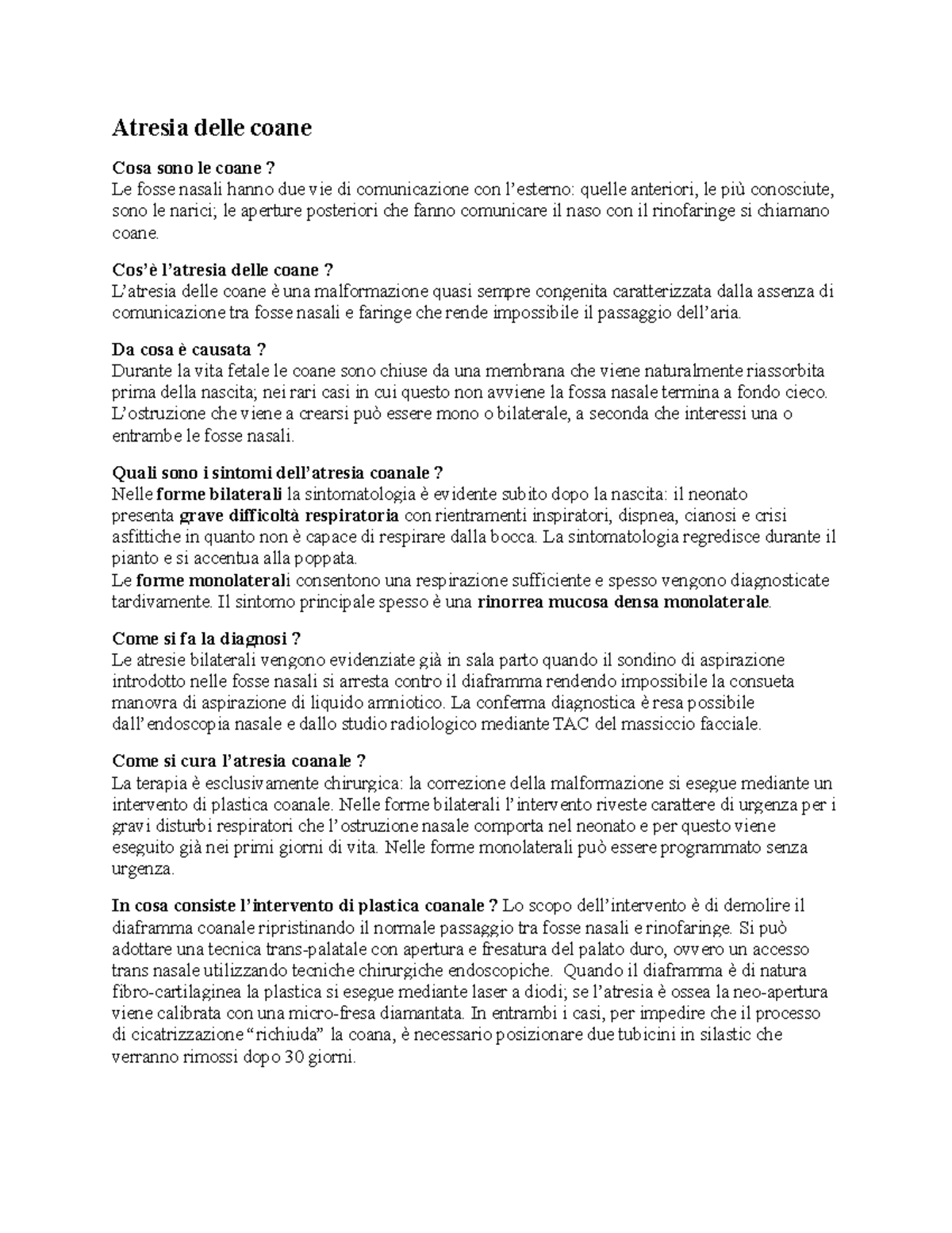 Atresia delle coane - chirurgia pediatrica - Atresia delle coane Cosa ...