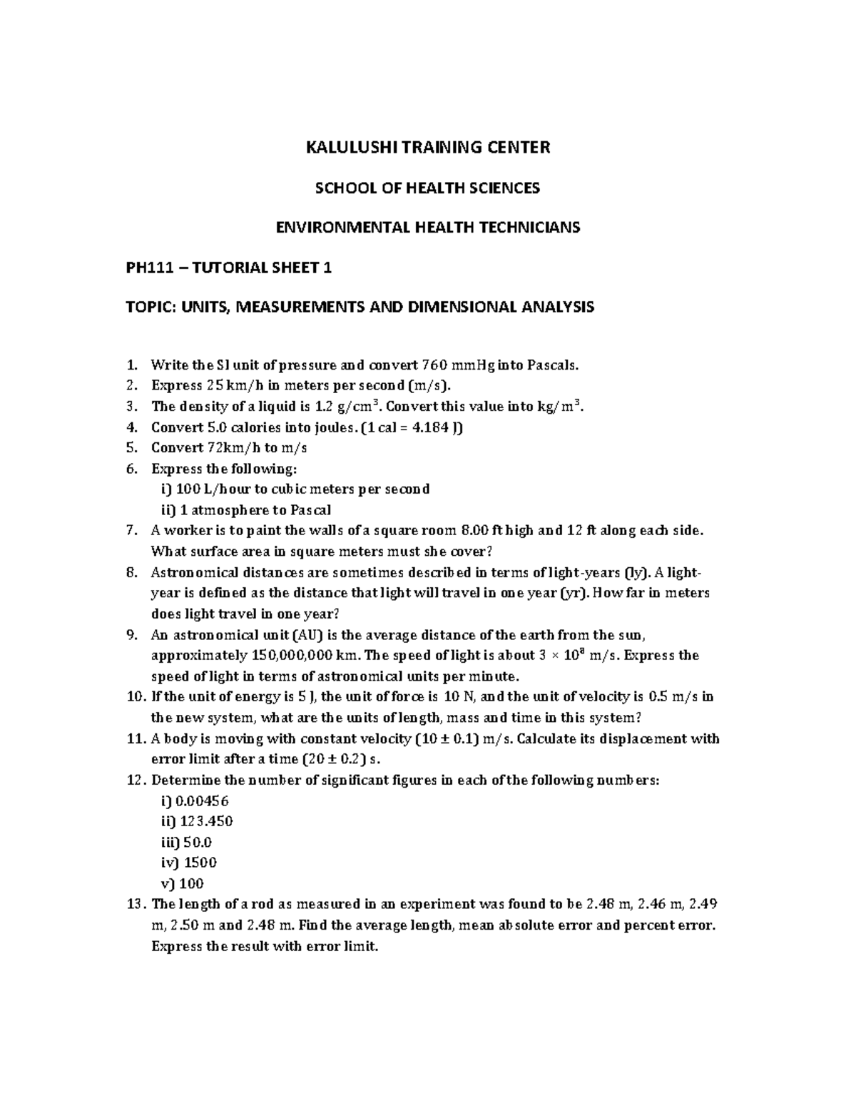 KATC PH111 Tutorial Sheet 1: Units, Measurements & Dimensional Analysis ...