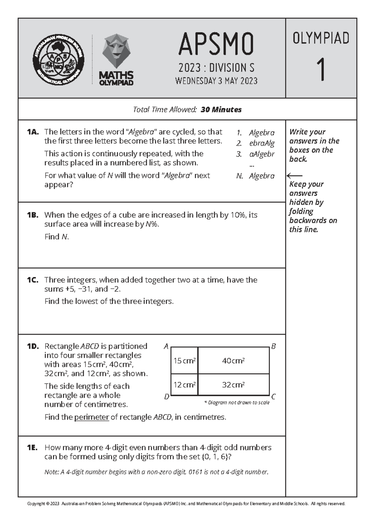 APSMO OLYMPIAD 1 2023: DIVISION S Sample Problems and Solutions - Studocu