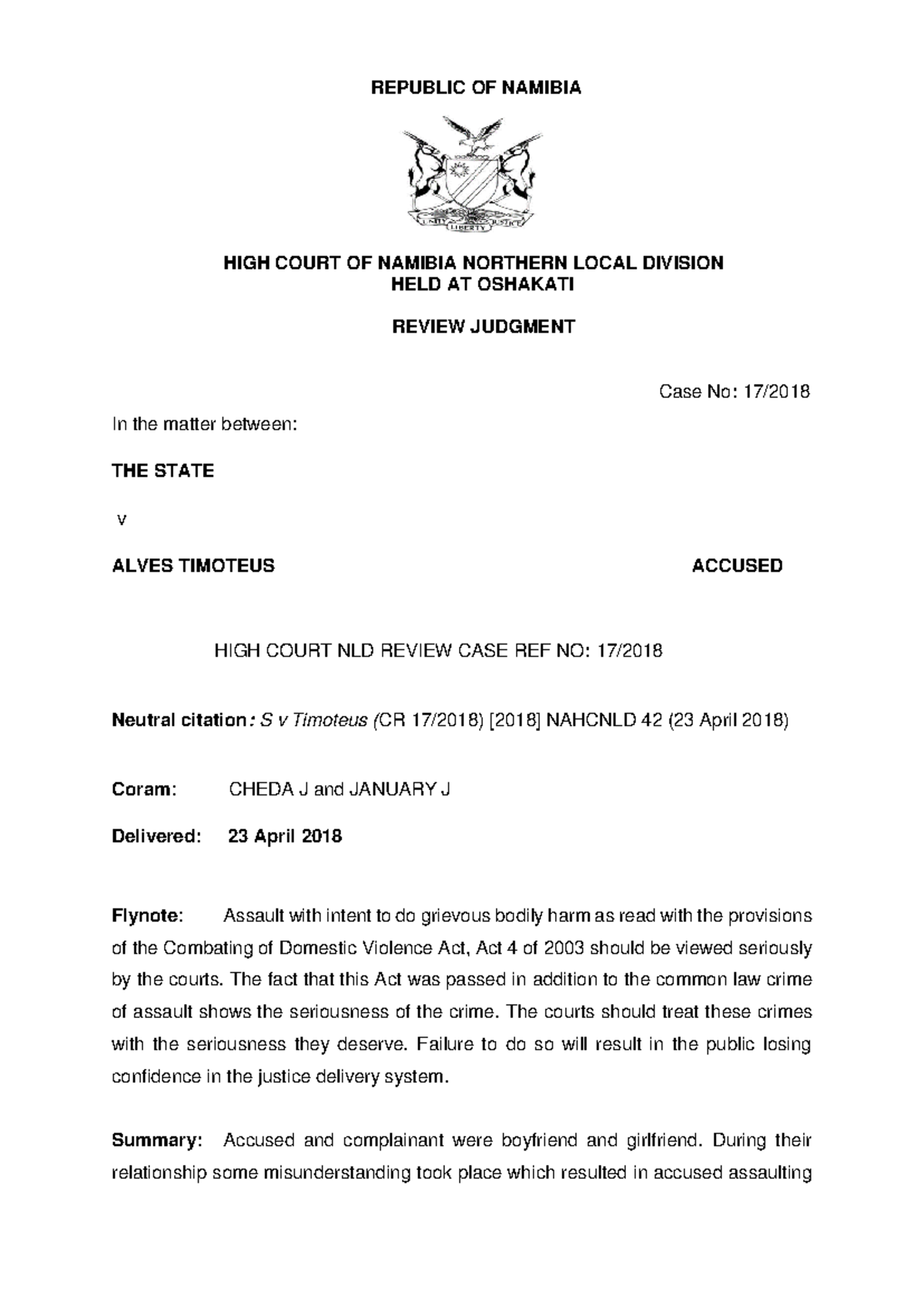 Assault with Intent to Cause GBH - Review Judgment (Case No. 17/2018 ...
