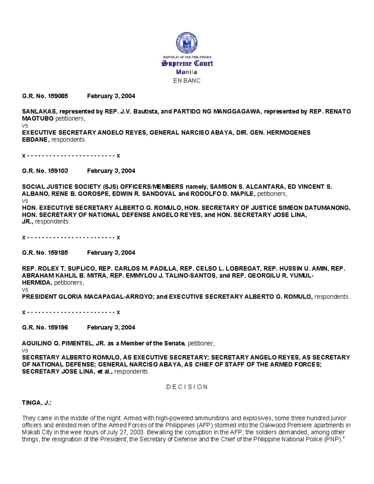 Sanlakas v. Executive Secretary: G.R. No. 159085 Decision Analysis ...