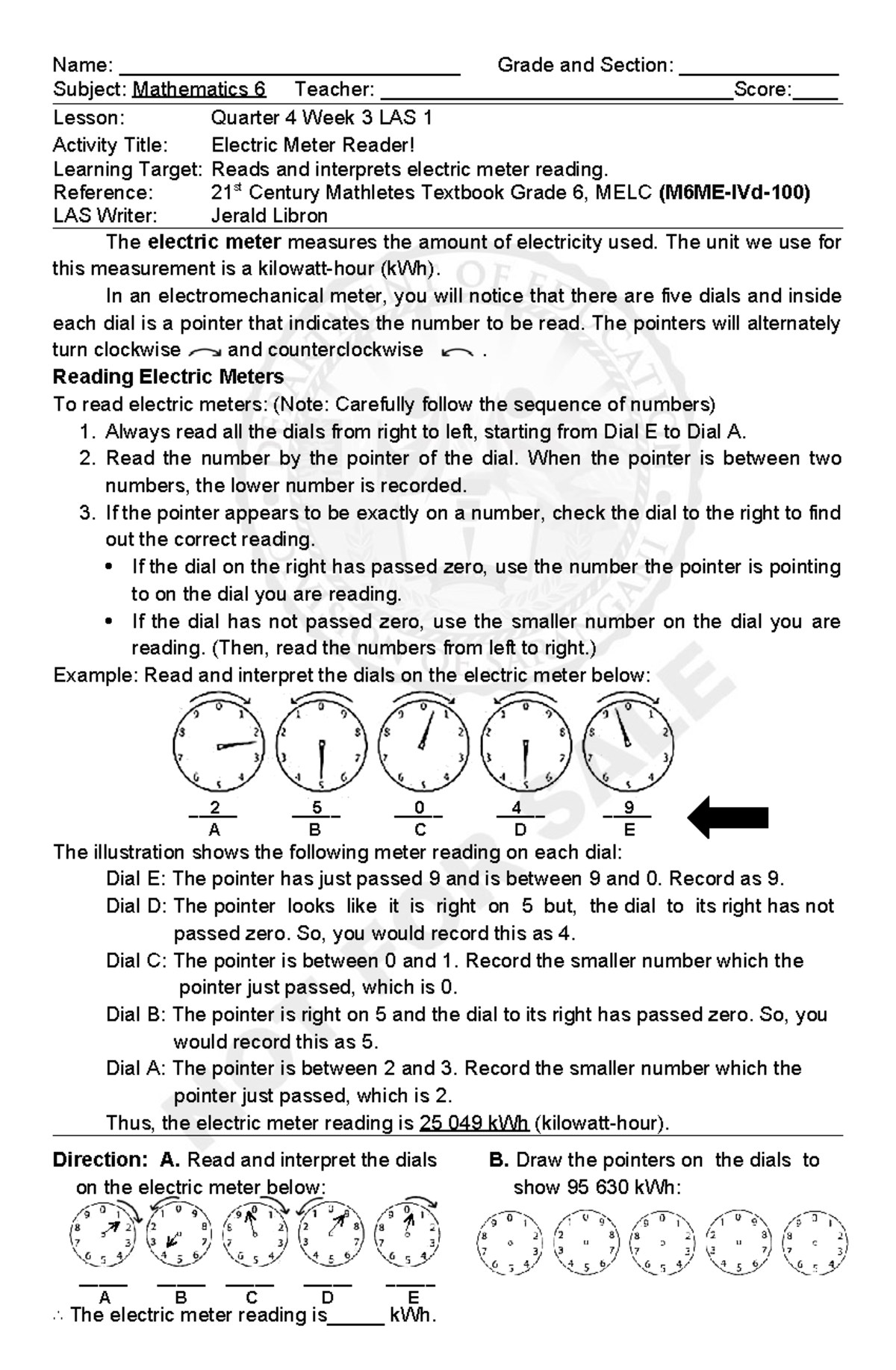 Math6 Q4 Week3 LAS1 2023 - _____ _____ _____ _____ _____ A B C D E Name ...
