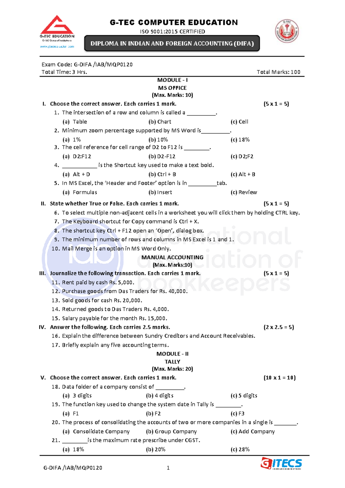 DIFA MQP Exam Paper: Diploma in Indian & Foreign Accounting 2023 - Studocu