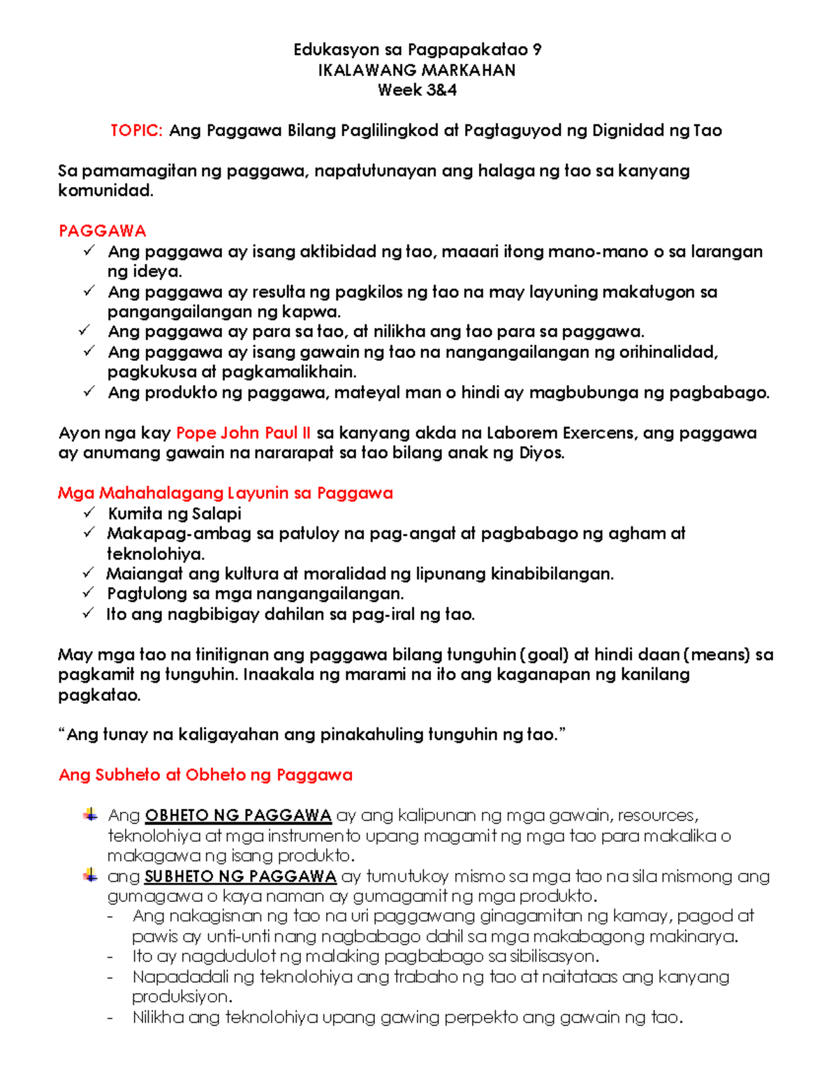 Q2 ESP 9 Notes 2 - Paggawa Bilang Paglilingkod at Dignidad - Studocu