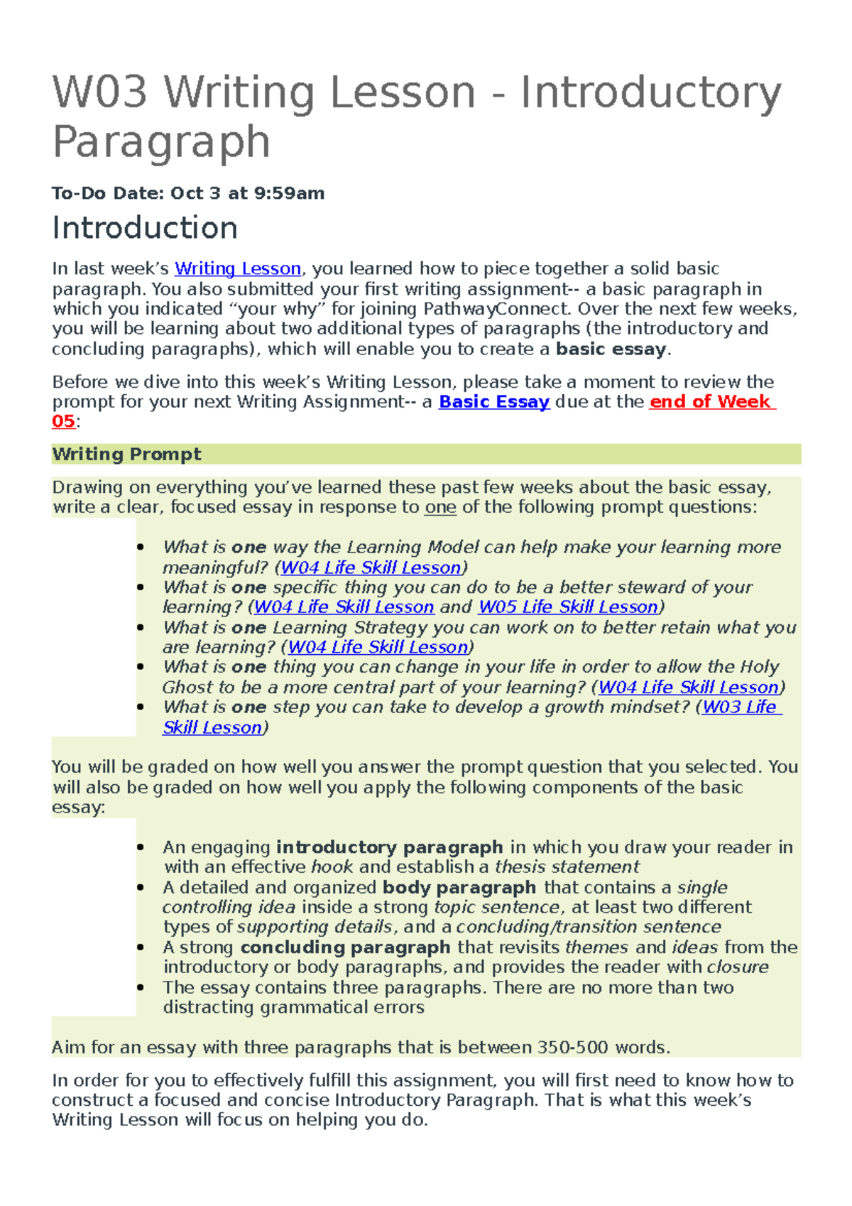 W03 Writing Lesson: Crafting an Effective Introductory Paragraph - Studocu
