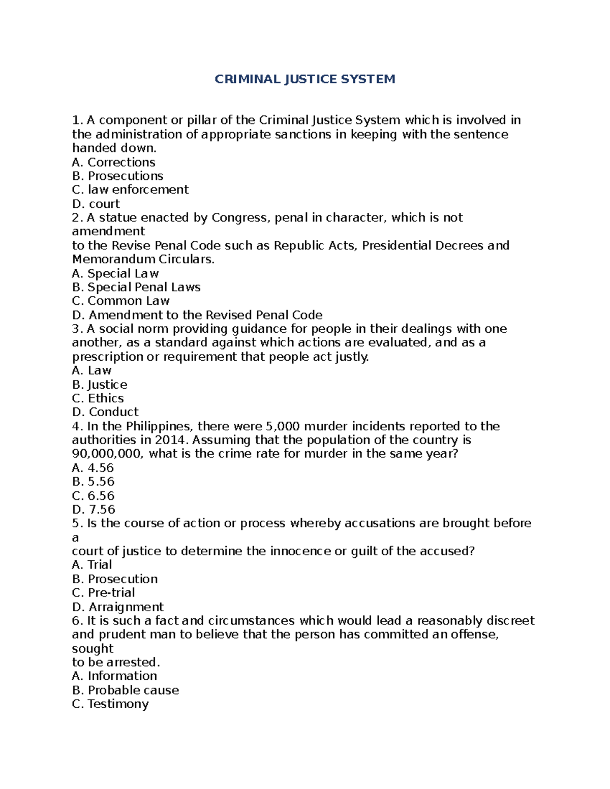 Criminal Justice System exam reviewer - CRIMINAL JUSTICE SYSTEM A ...