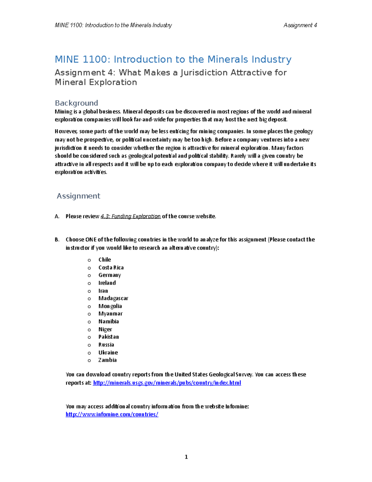 Module 4 Assignment 202210 - MINE 1100: Introduction to the Minerals Industry Assignment 4 MINE ...