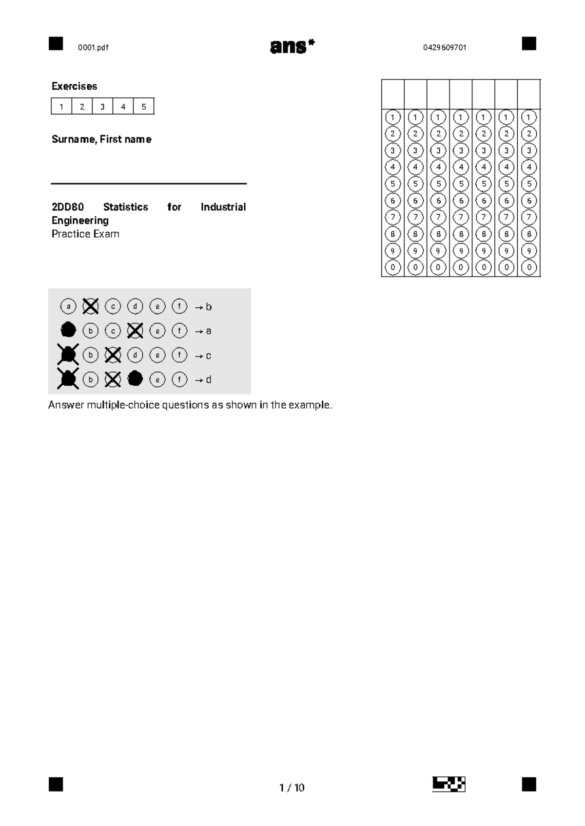 0429609701 2DD80 Statistics Engineering Practice Exam 1 - Studeersnel