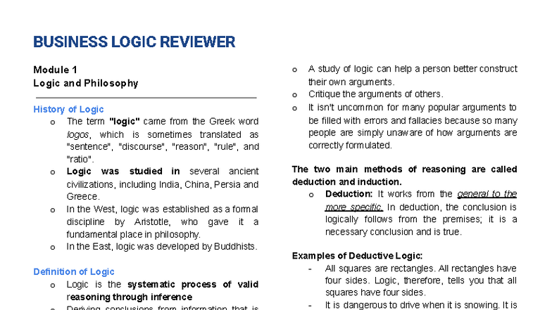 BUSINESS LOGIC REVIEWER: Module 1 - Logic and Philosophy Overview - Studocu