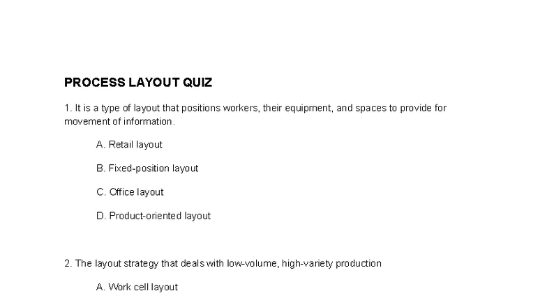 PROCESS LAYOUT QUIZ 1: Strategies and Concepts - Studocu