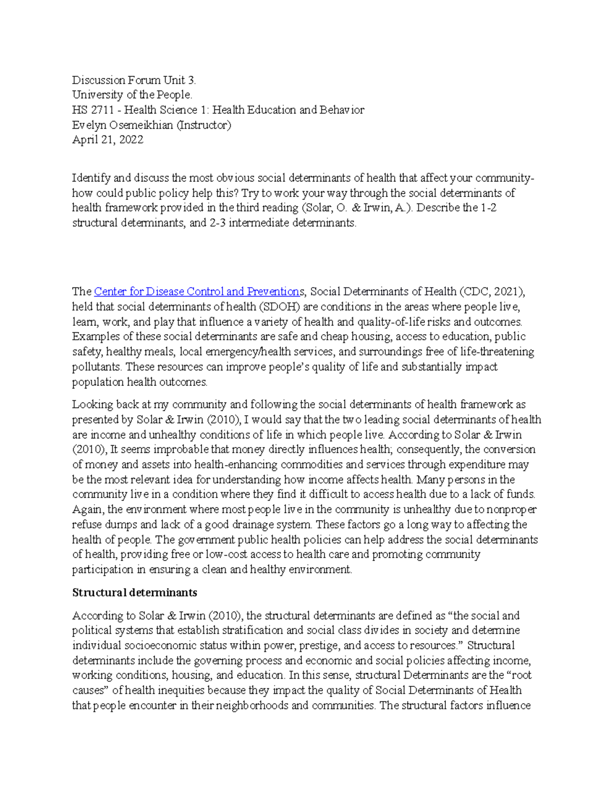 HS 2711 - Health Science Discussion Forum Unit 3: Social Determinants ...