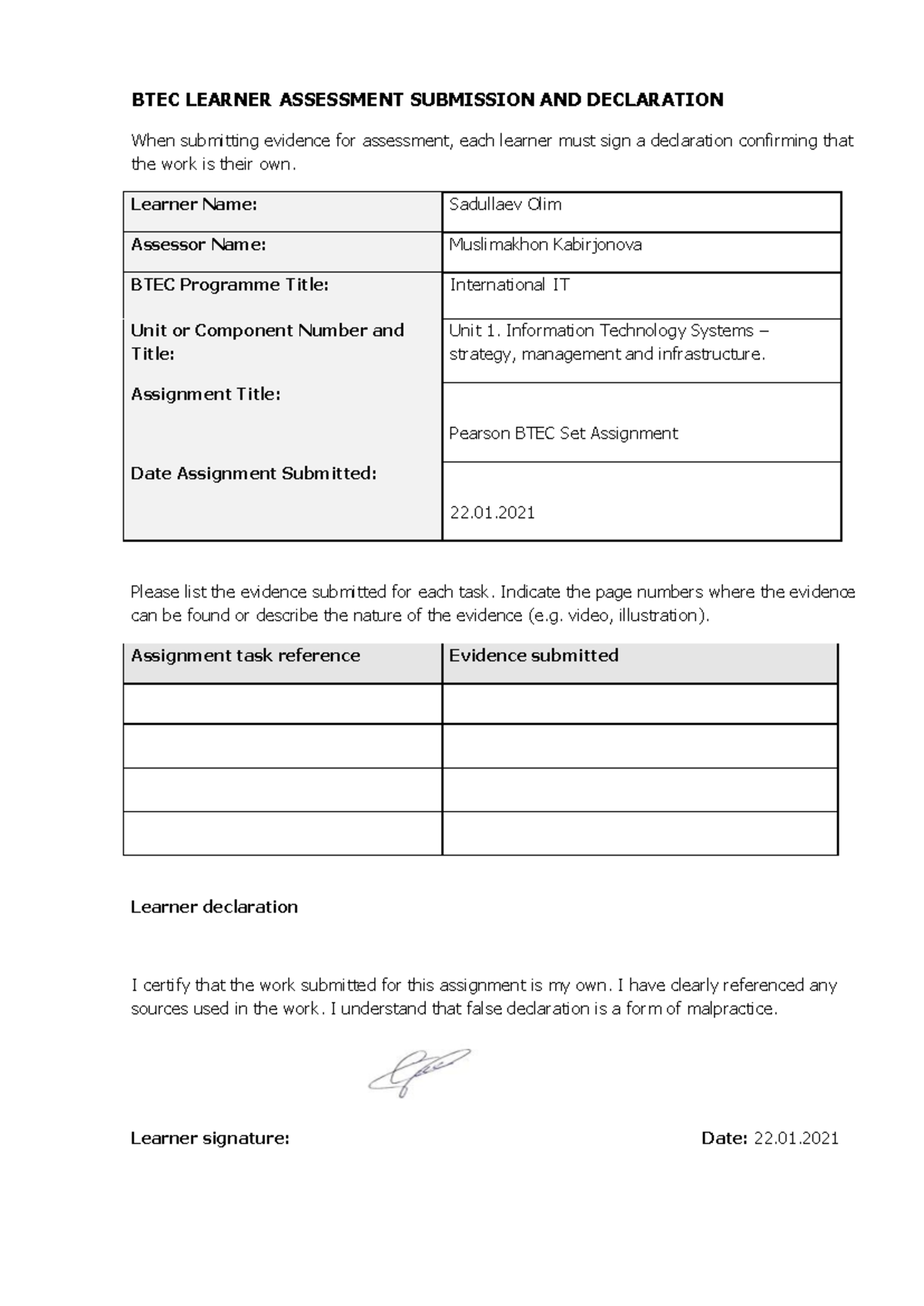 Sadullaev OLIM AP102979 - BTEC LEARNER ASSESSMENT SUBMISSION AND DECLARATION When submitting ...