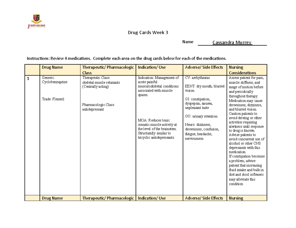 MS2 Drug Card W3 - drug cards - Drug Cards Week 3 Name Cassandra Murrey ...