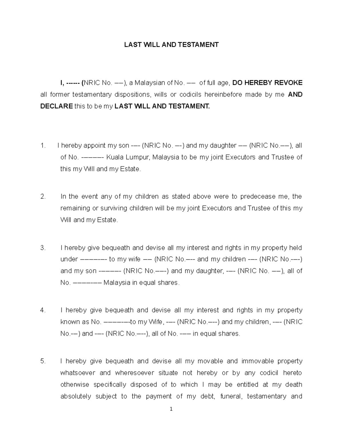 WIL-101: Sample Format for Drafting a Last Will and Testament - Studocu