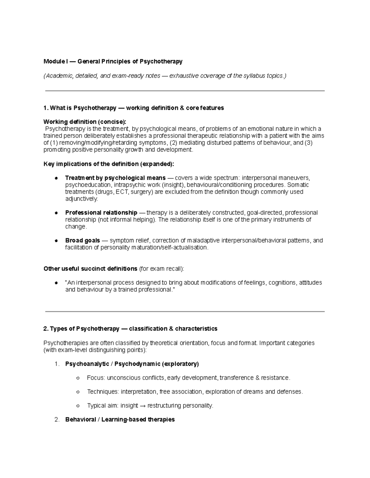 Module I: General Principles of Psychotherapy - Comprehensive Notes ...