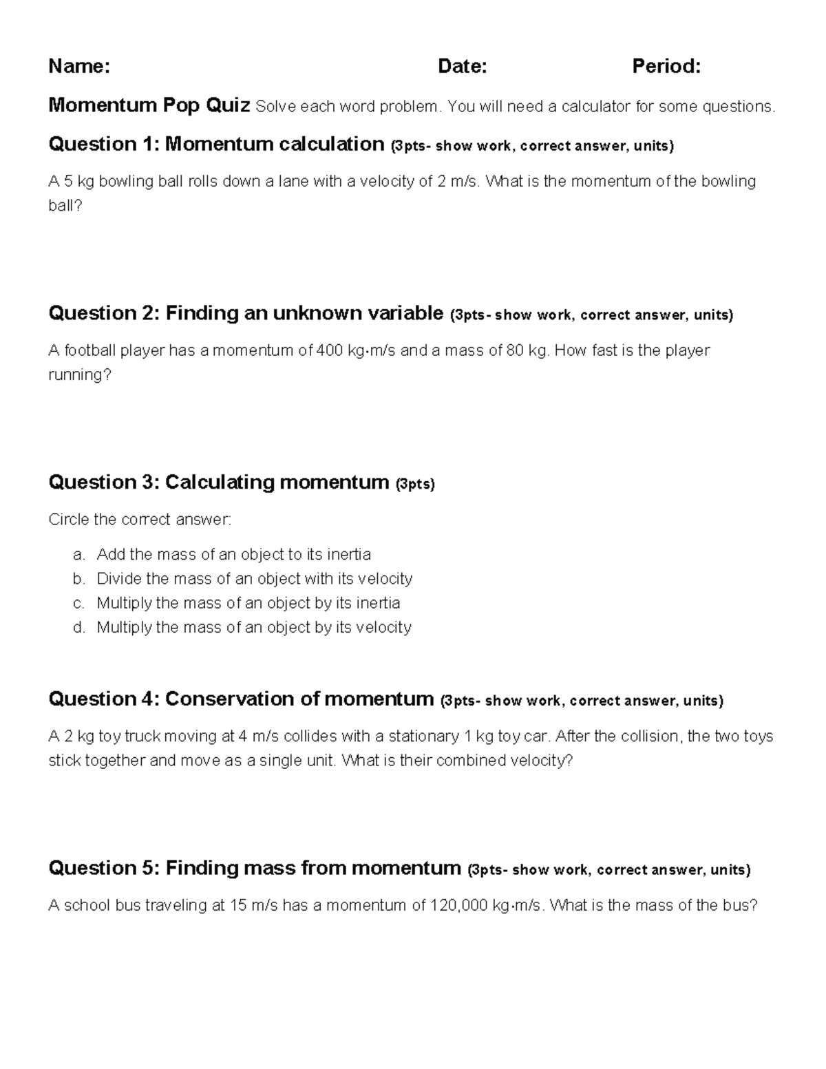 Momentum Pop Quiz: Problem Solving & Calculations - Studocu