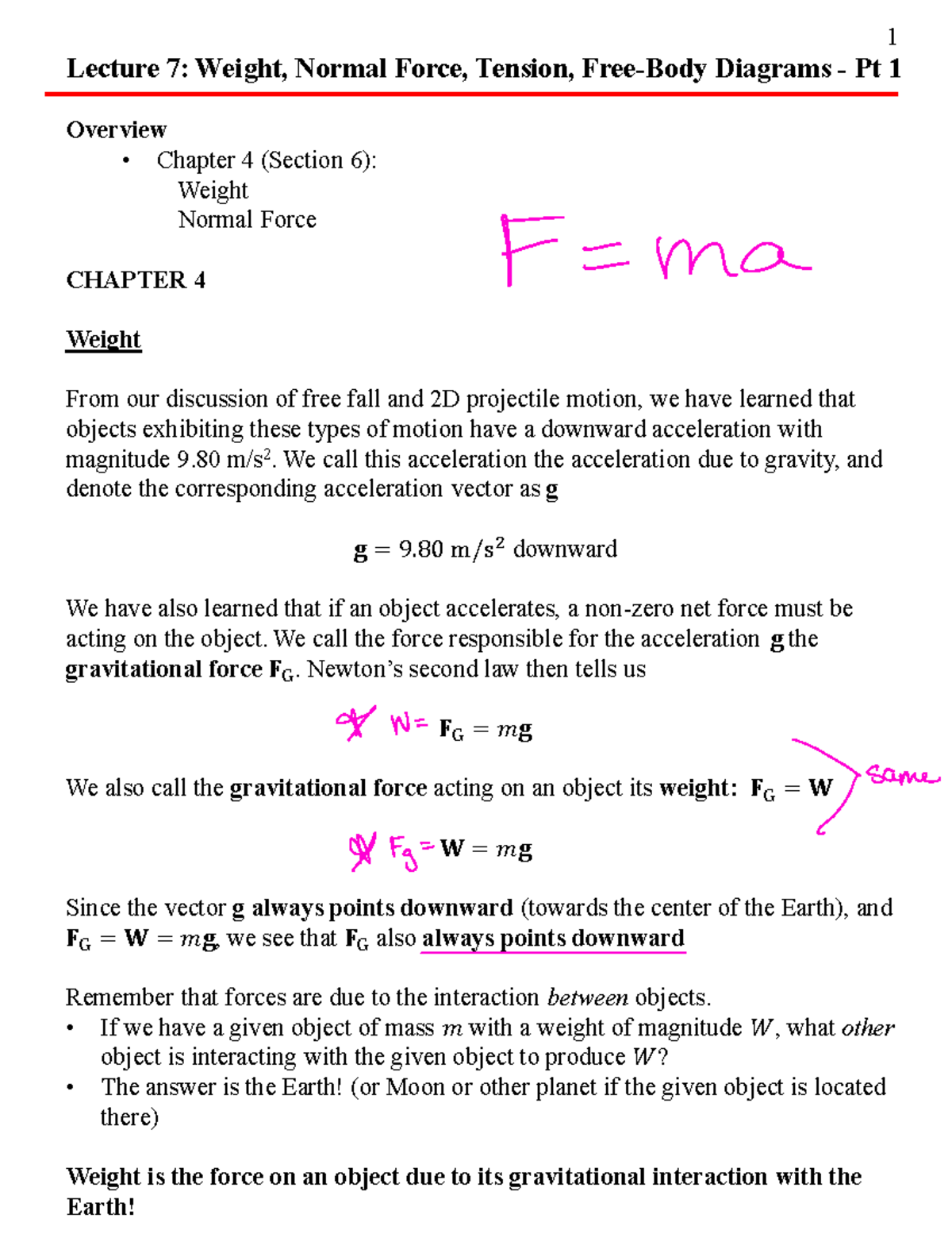 Lecture 7: Weight, Normal Force, Tension & Free-Body Diagrams (PHYS 101 ...