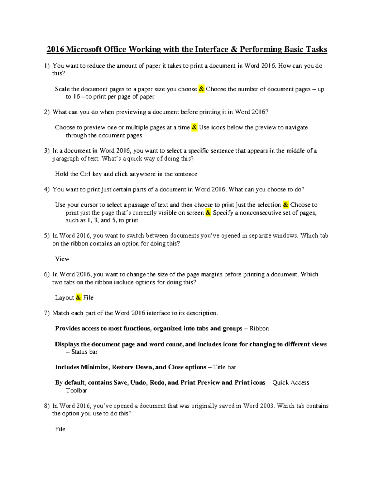 2016 Microsoft Office Working with the Interface Performing Basic Tasks ...