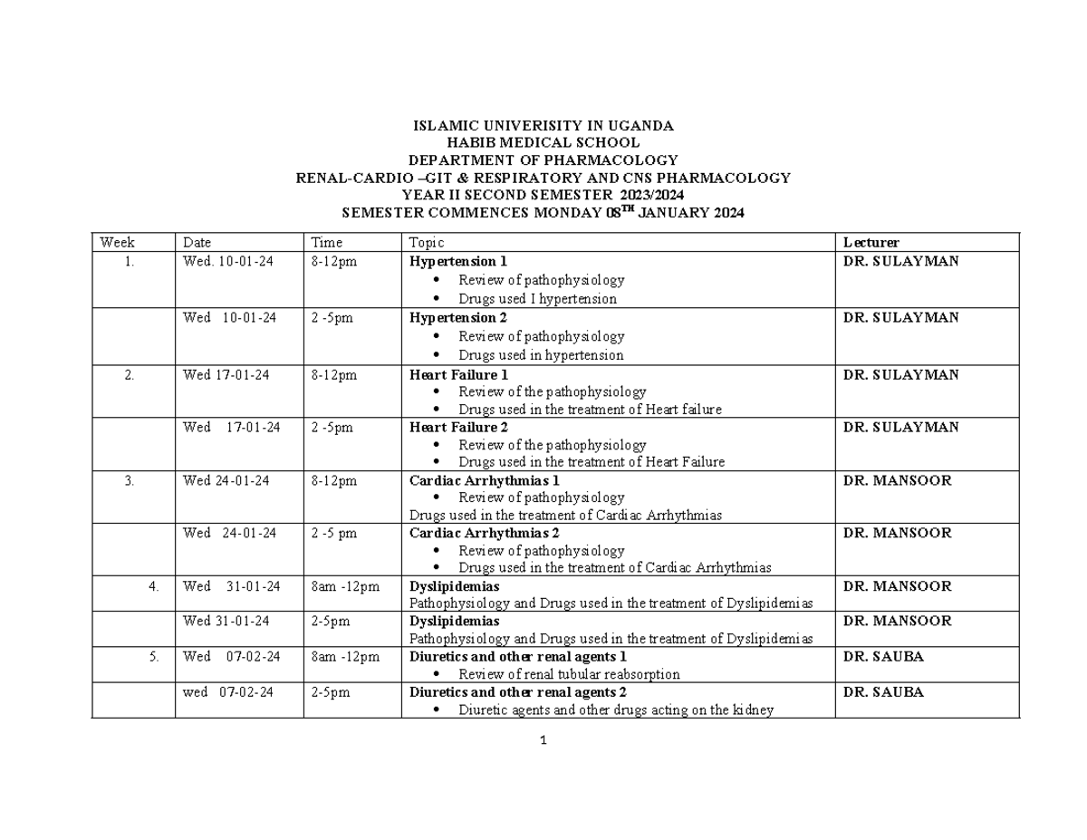 ISLAMIC UNIVERSITY IN UGANDA PHARMACOLOGY YEAR II SEM 2 TIMETABLE 2024 - Studocu